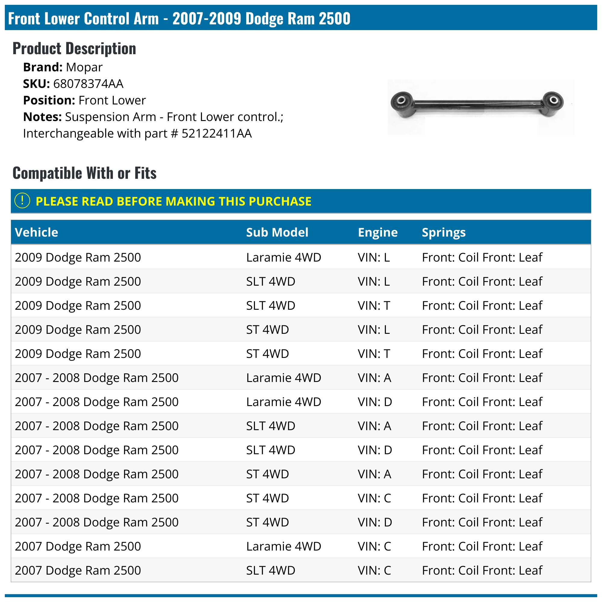 2007-2009 Dodge Ram 2500 Control Arm - Mopar 68078374AA - Front Lower ...