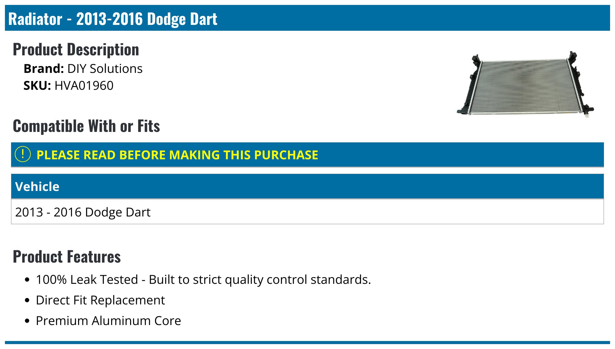 2013-2016 Dodge Dart Radiator - DIY Solutions HVA01960 - PartsGeek.com