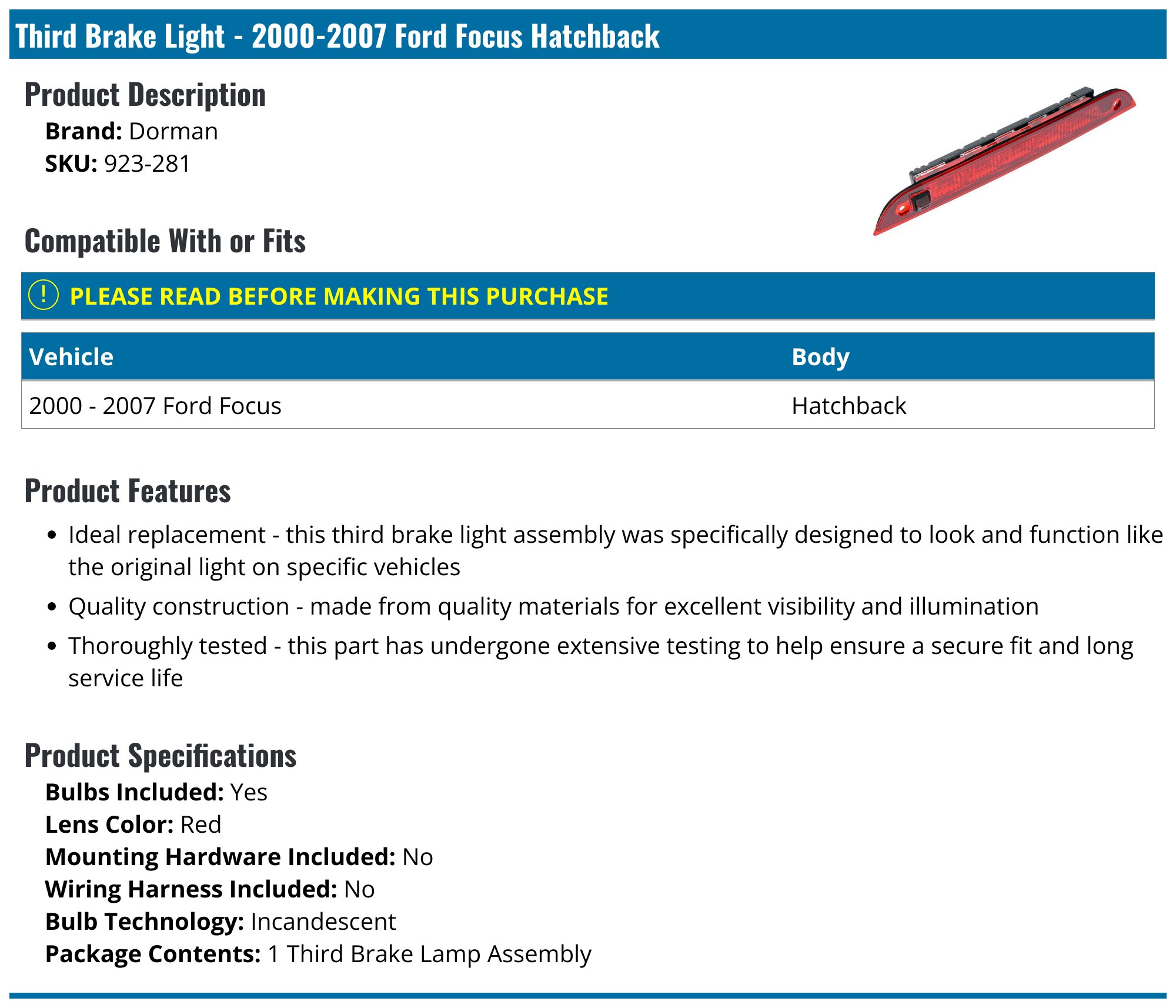 2000-2007 Ford Focus Third Brake Light - Dorman 923-281 - PartsGeek.com