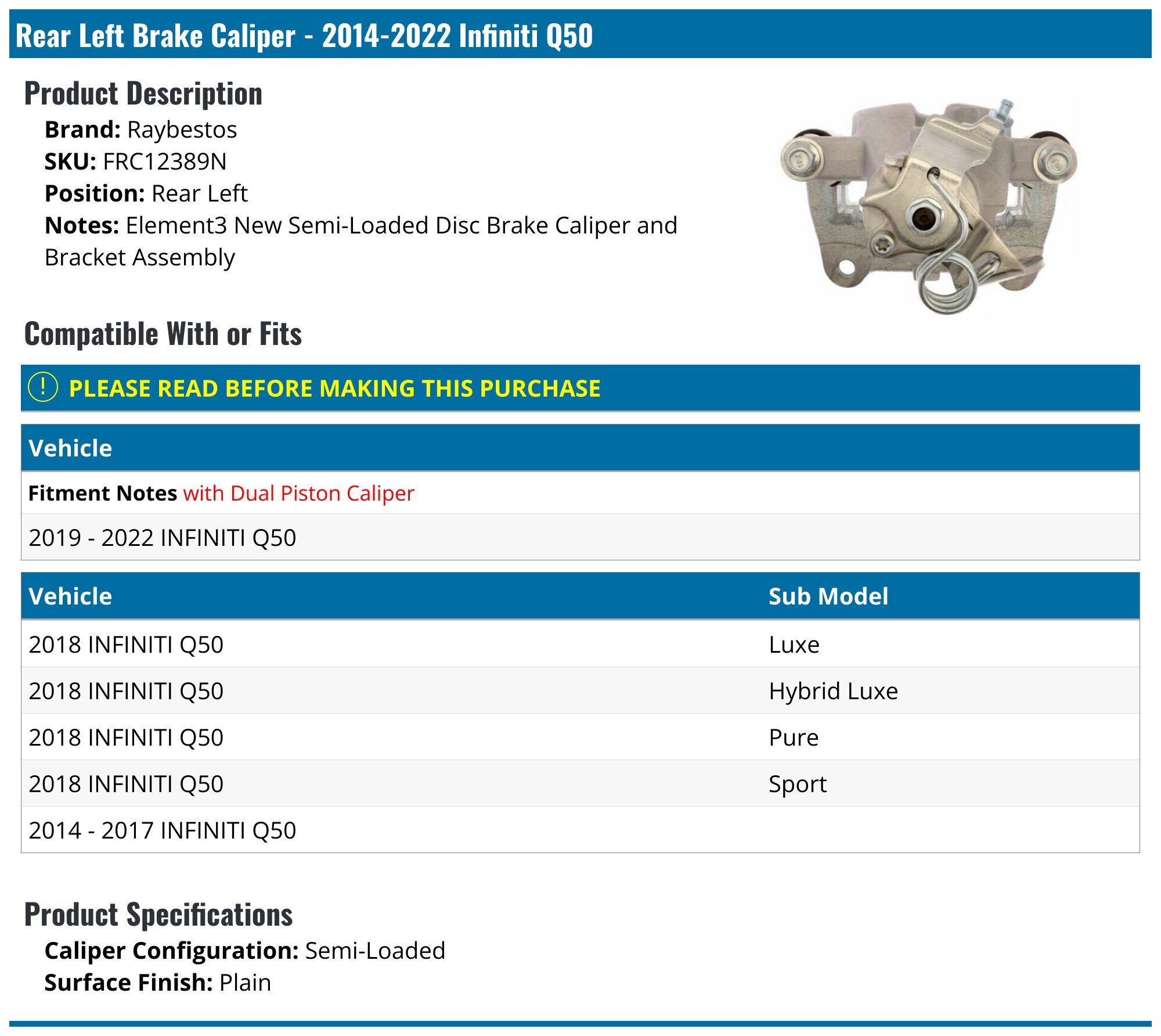 2014-2023 Infiniti Q50 Brake Caliper - Raybestos FRC12389N - Rear Left ...