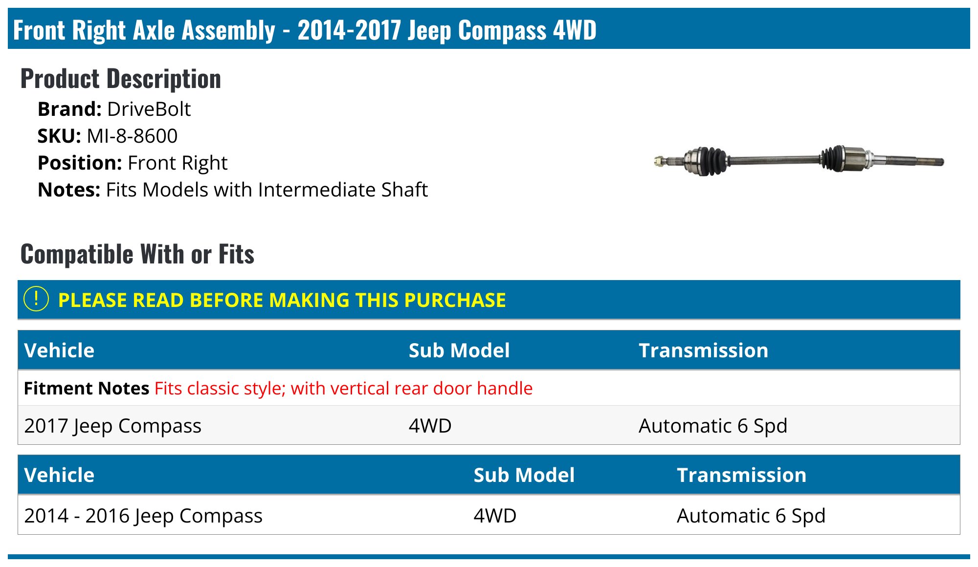 2014-2017 Jeep Compass Axle Assembly - DriveBolt MI-8-8600 - Front ...
