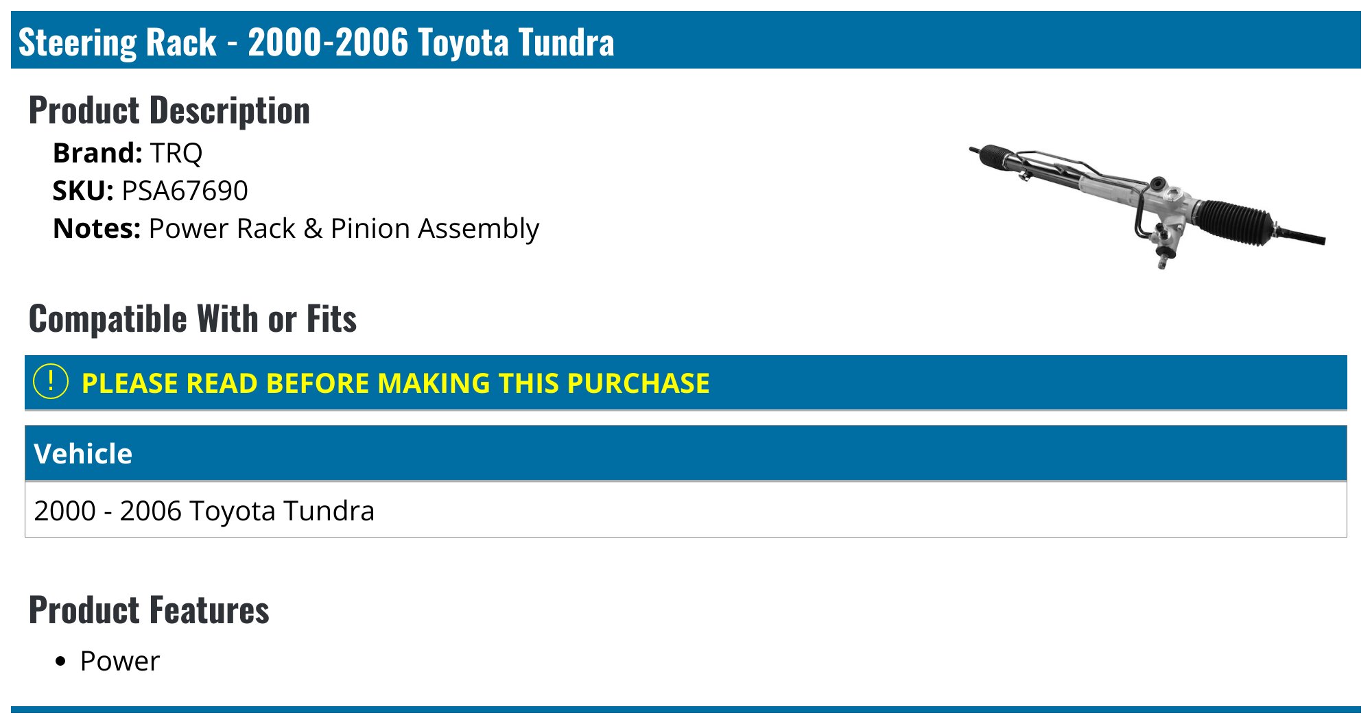 2000-2006 Toyota Tundra Steering Rack - TRQ PSA67690 - PartsGeek.com