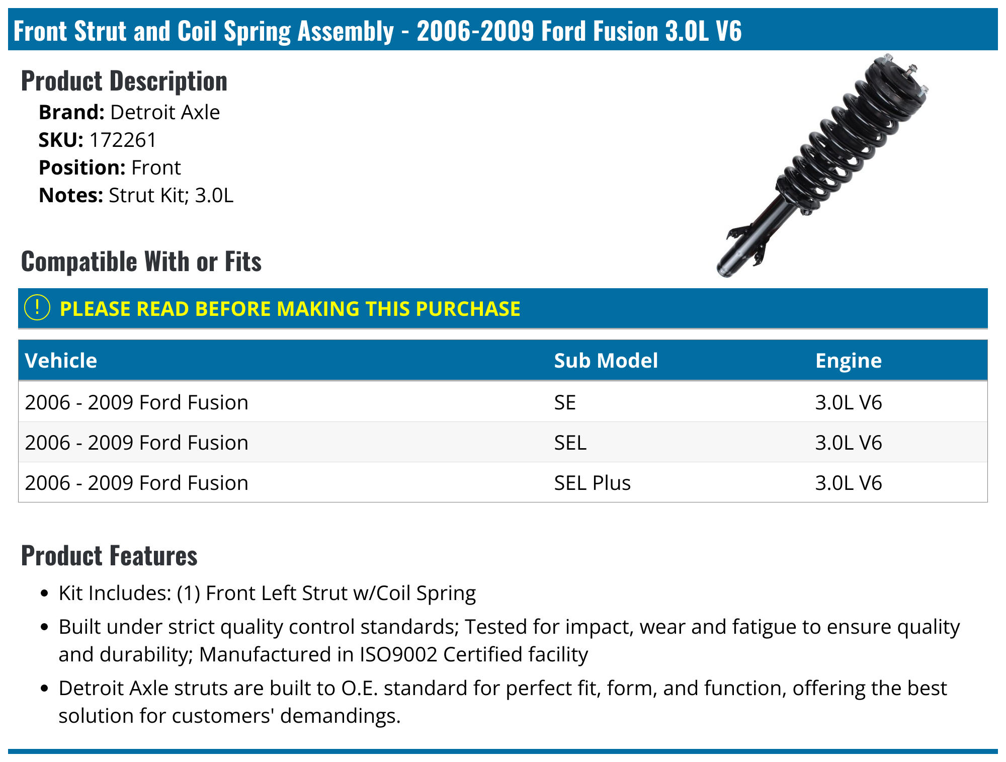 2006-2009 Ford Fusion Strut Assembly - Detroit Axle 172261 - Front ...