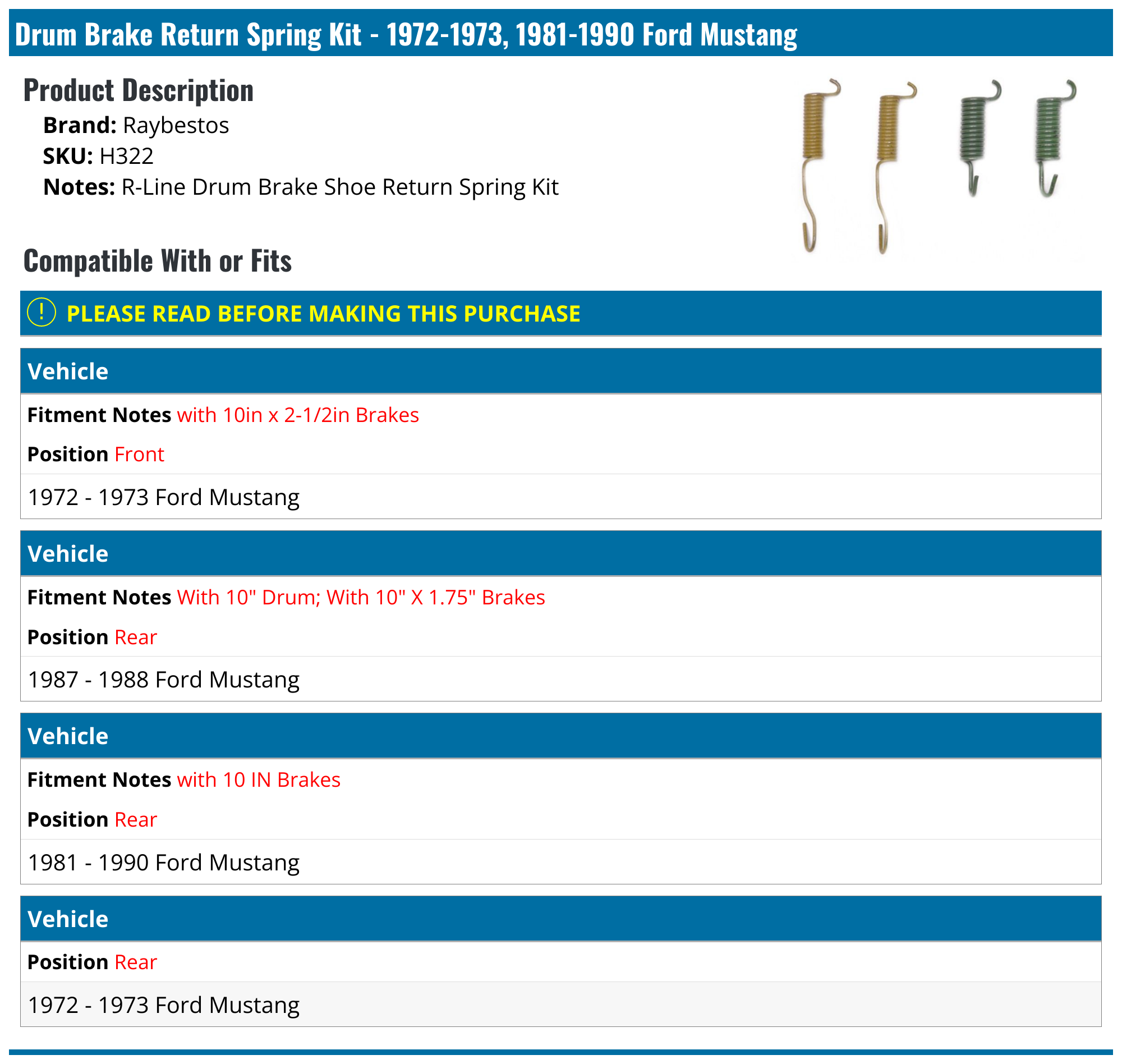 1972-1973, 1981-1990 Ford Mustang Drum Brake Return Spring Kit ...