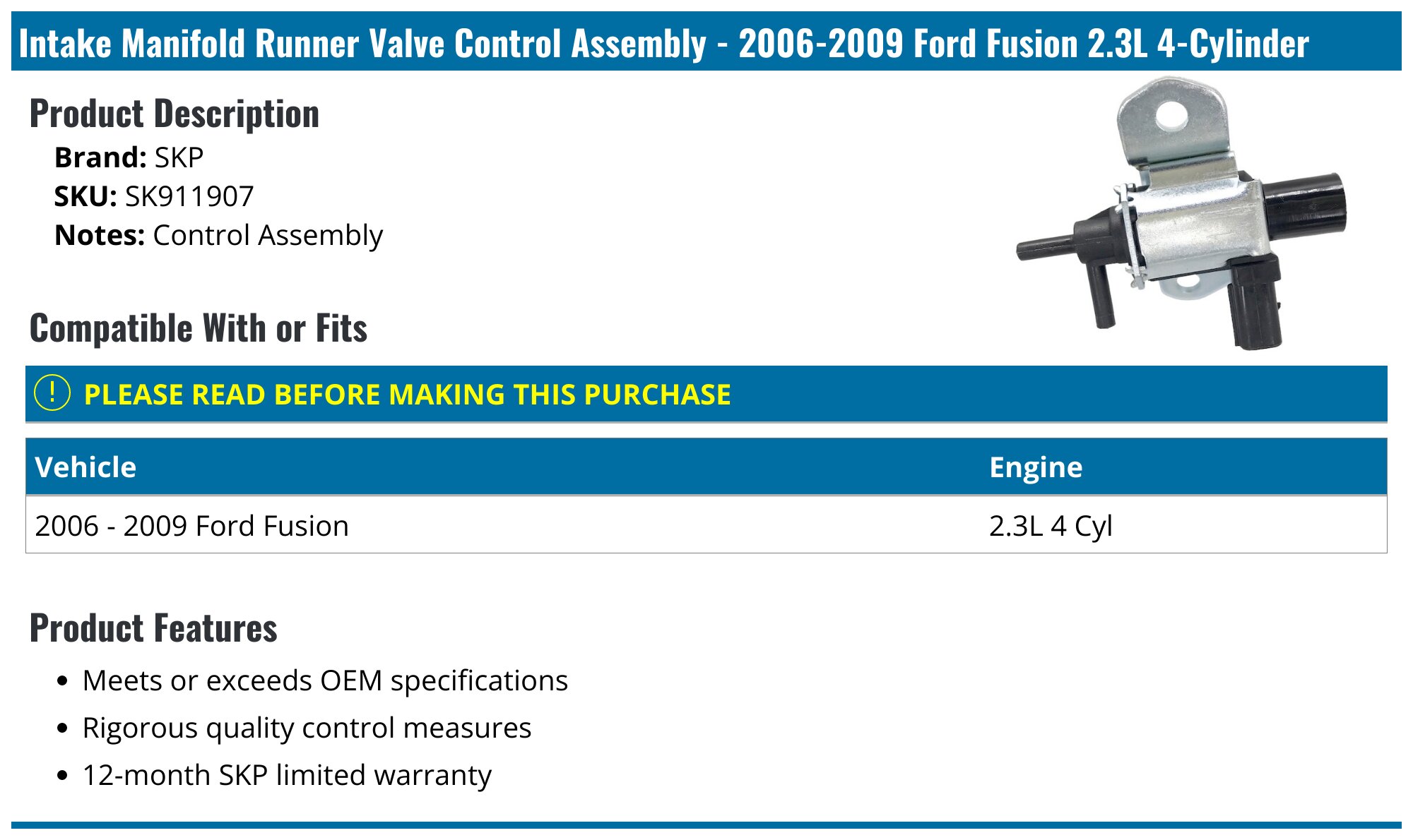 2006-2010 Ford Fusion Intake Manifold Runner Valve - SKP SK911907 ...