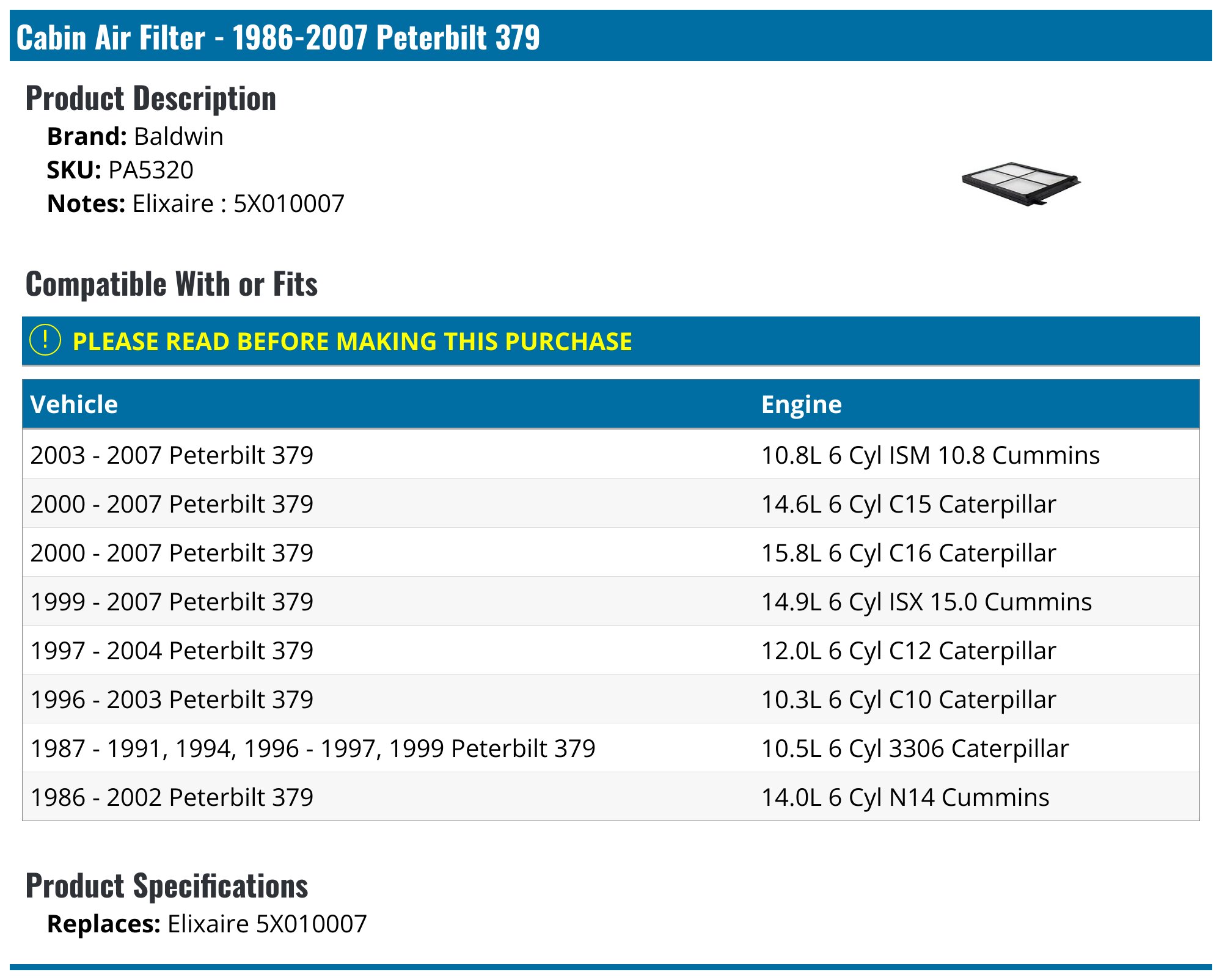 1986-2007 Peterbilt 379 Cabin Air Filter - Baldwin PA5320 - PartsGeek.com