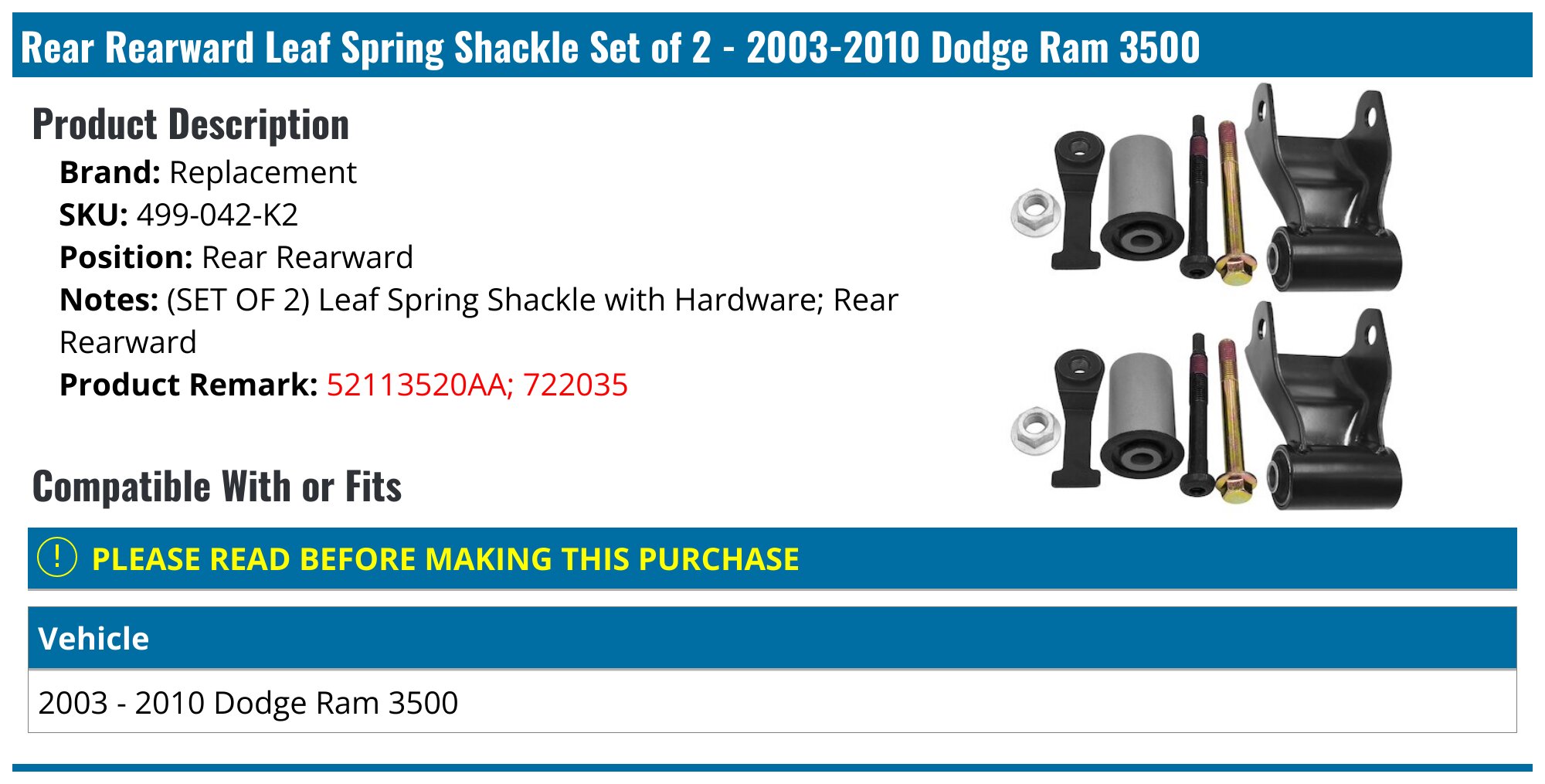 2003-2010 Dodge Ram 3500 Leaf Spring Shackle - Replacement 499-042-K2 ...