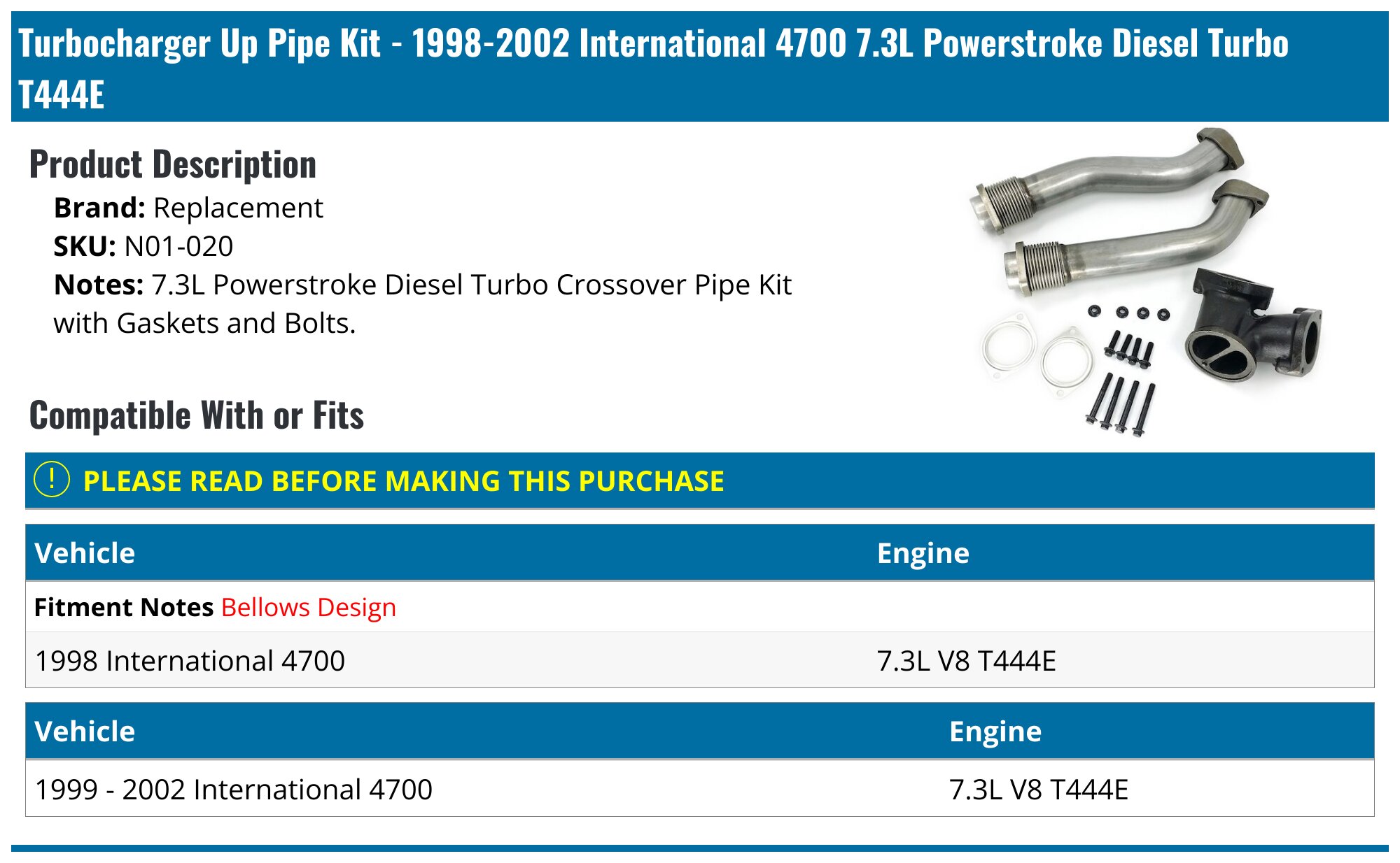1998-2002 International 4700 Turbocharger Up Pipe Kit - Replacement N01 ...