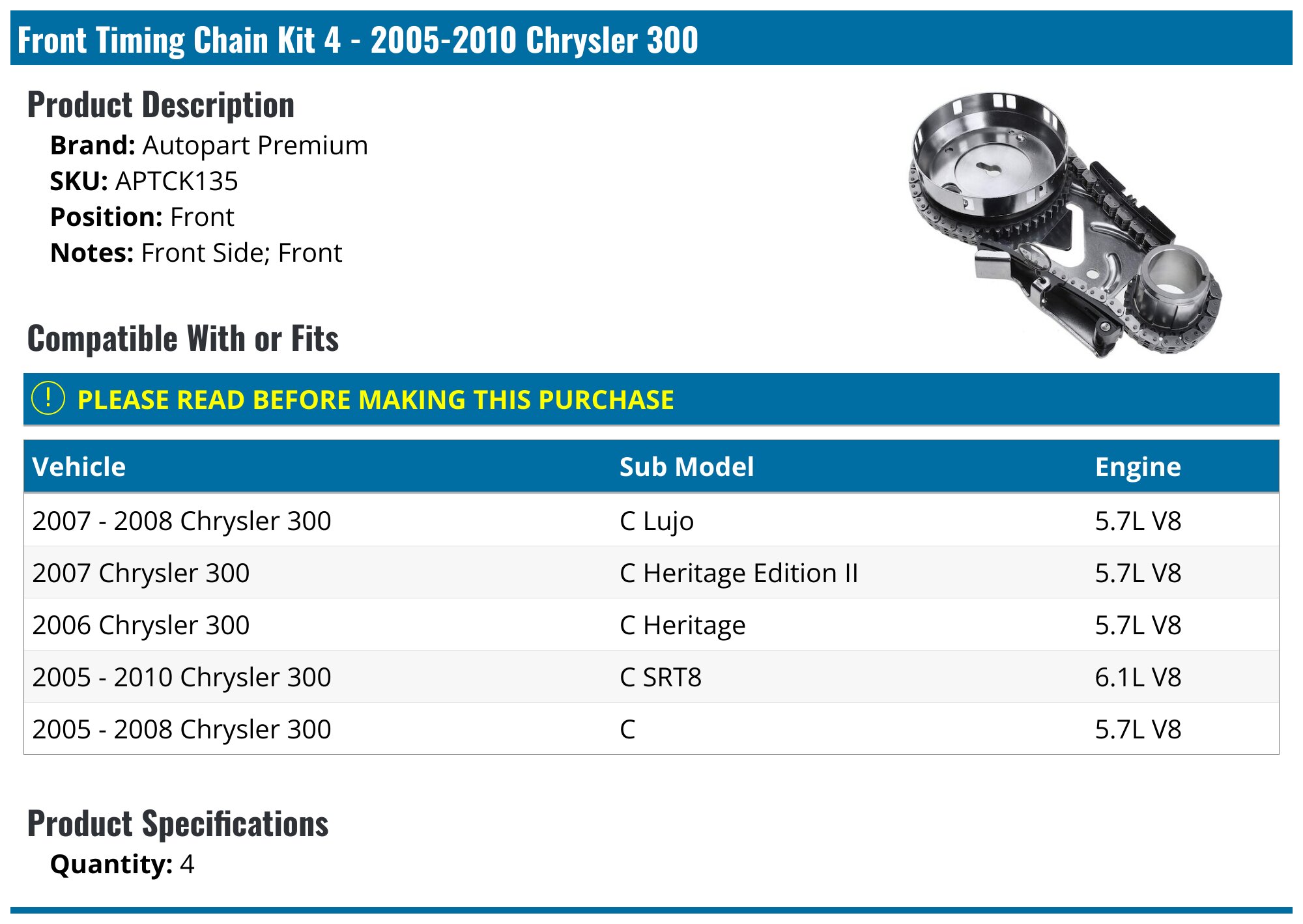 2005-2010 Chrysler 300 Timing Chain - Autopart Premium APTCK135 - Front ...