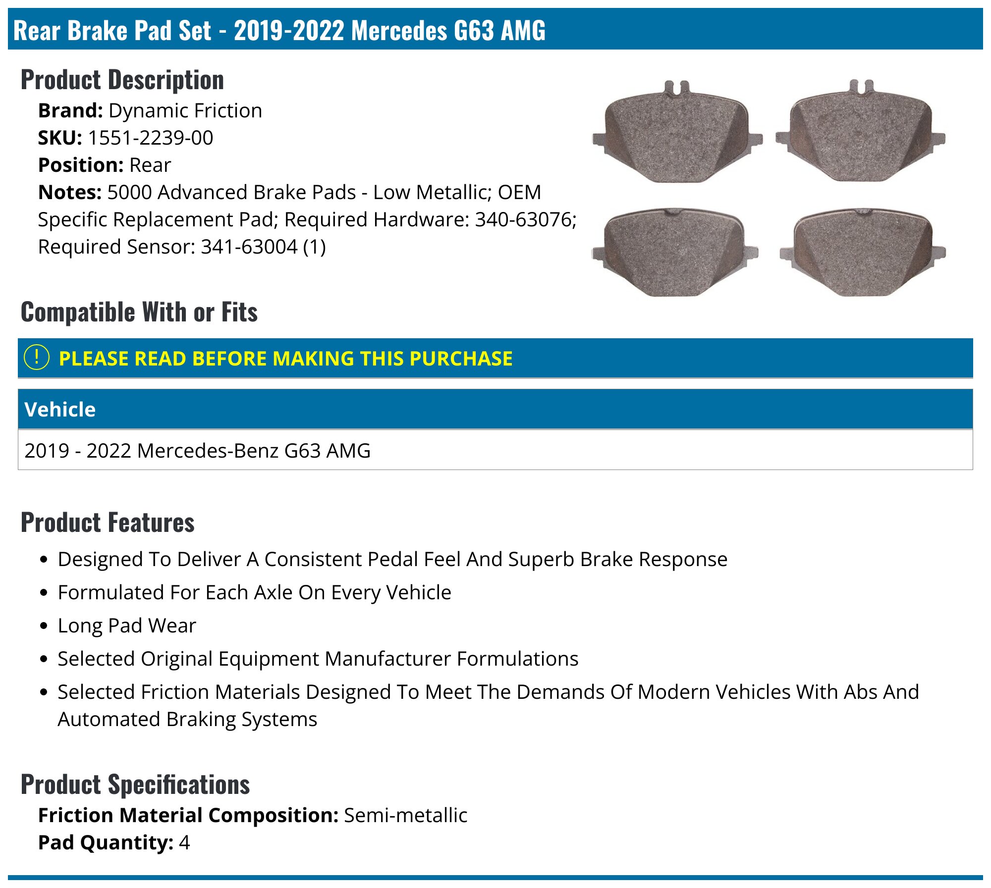 2019-2025 Mercedes G63 AMG Brake Pad Set - Dynamic Friction 1551-2239 ...