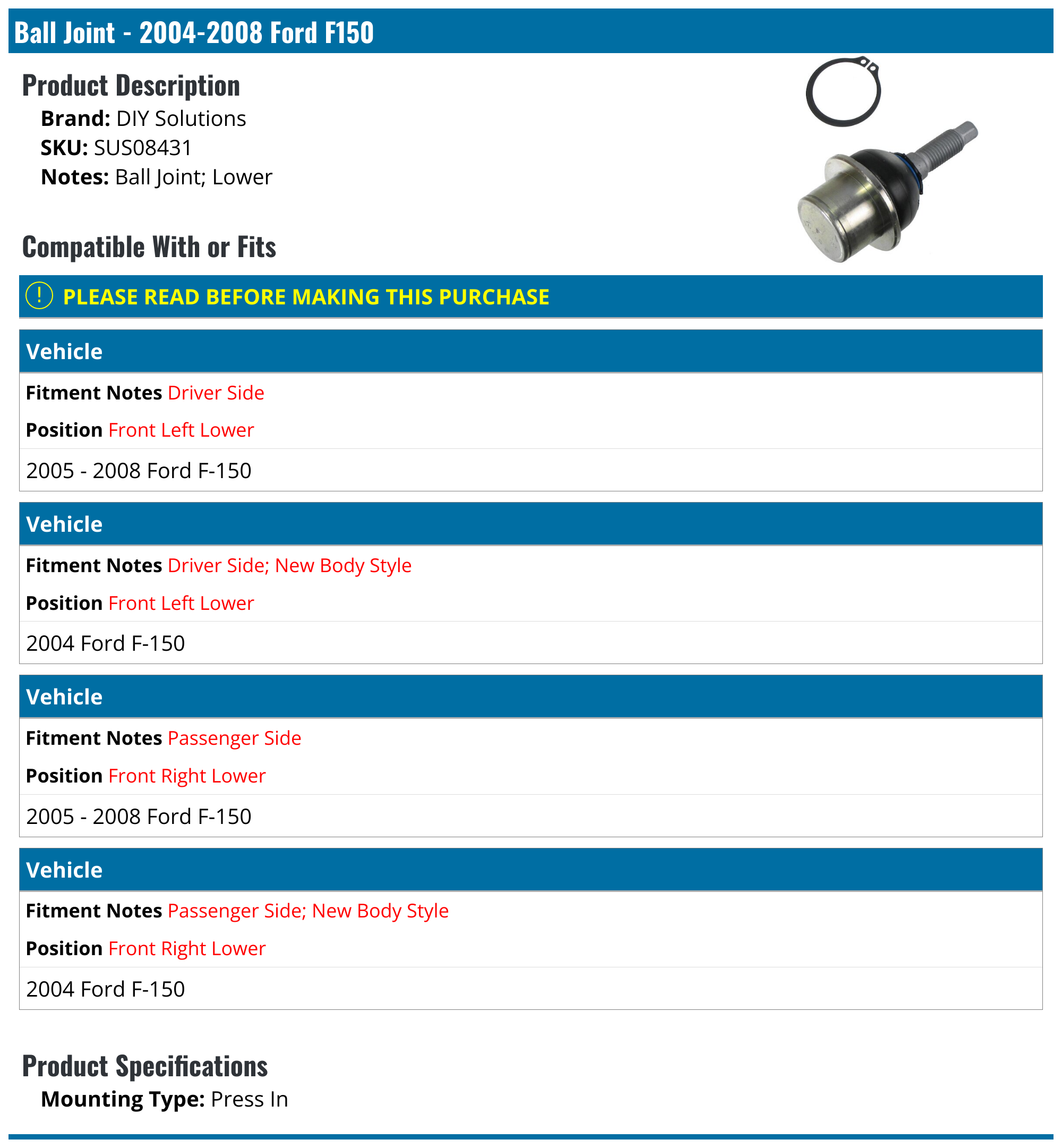 2004-2008 Ford F150 Ball Joint - DIY Solutions SUS08431 - Front Right ...