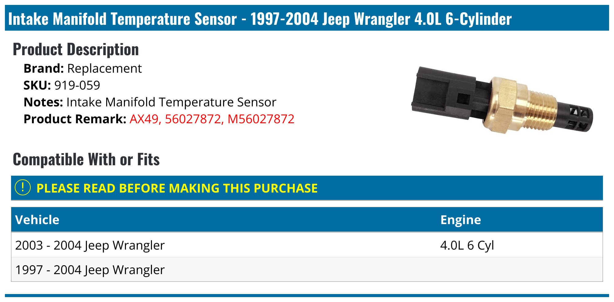 1997 2004 Jeep Wrangler Intake Manifold Temperature Sensor