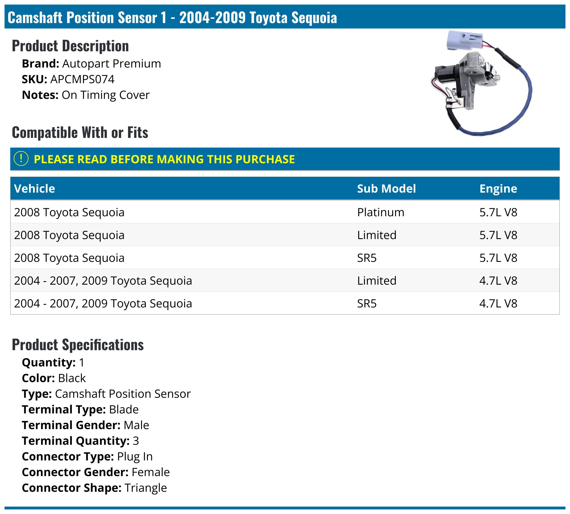 2004-2009 Toyota Sequoia Camshaft Position Sensor - Autopart Premium ...