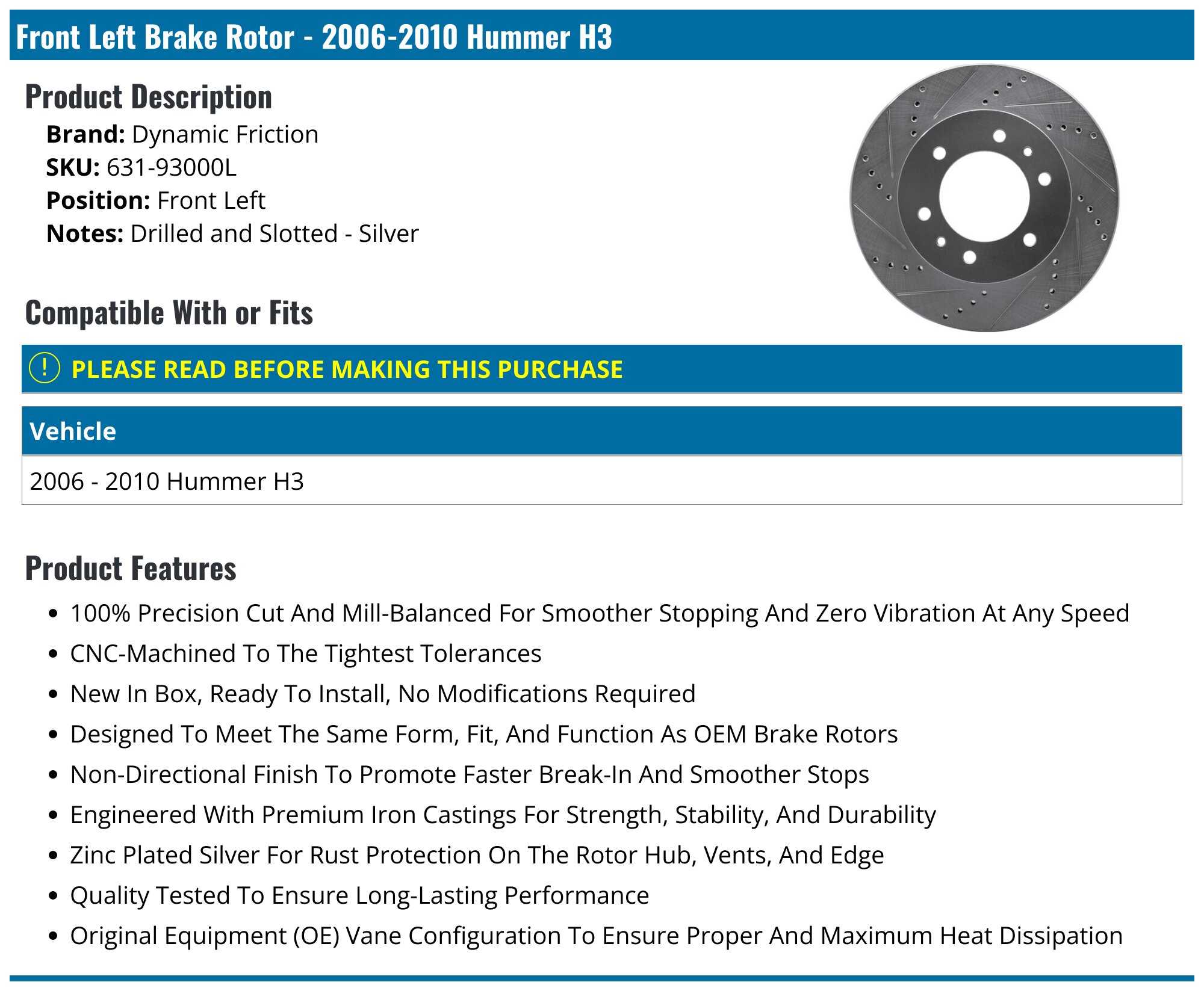 2006-2010 Hummer H3 Brake Rotor - Dynamic Friction 631-93000L - Front ...