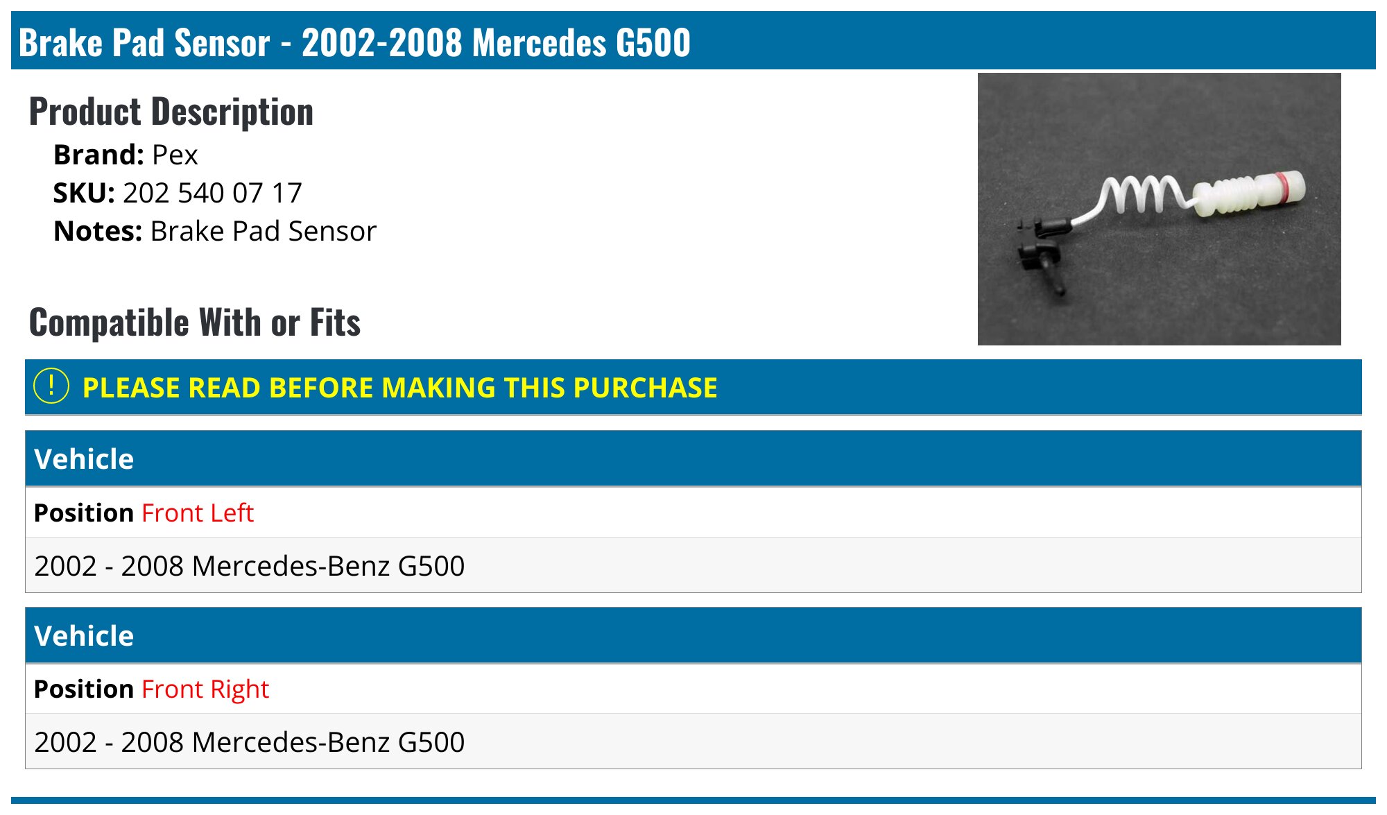 2002-2008 Mercedes G500 Brake Pad Sensor - Pex 202 540 07 17 - Front ...