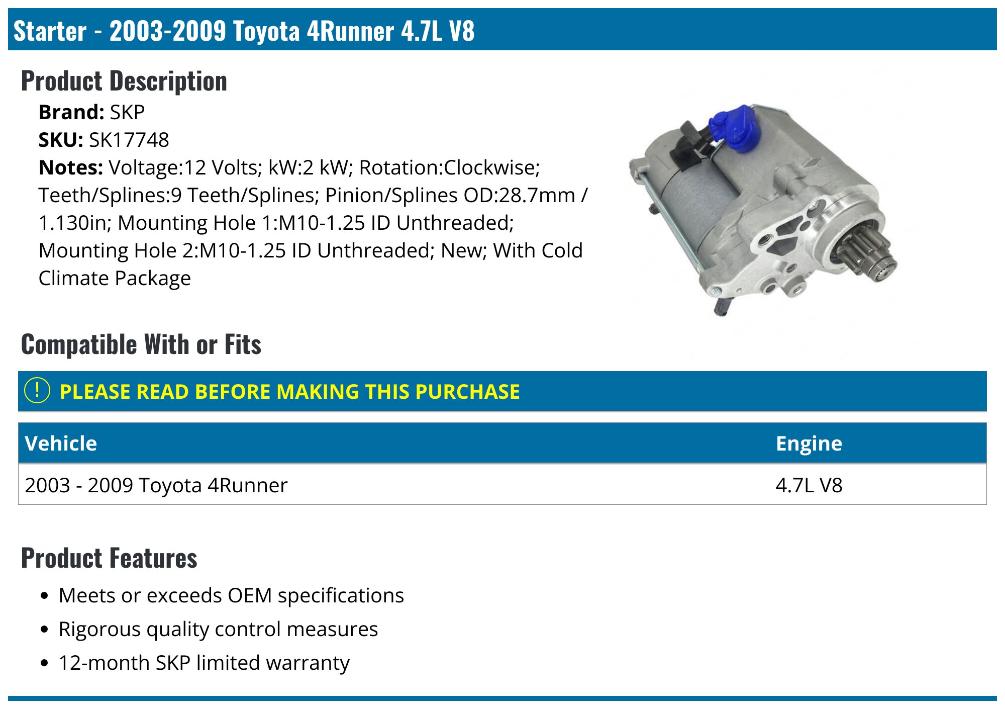 2003-2009 Toyota 4Runner Starter - SKP SK17748 - PartsGeek.com