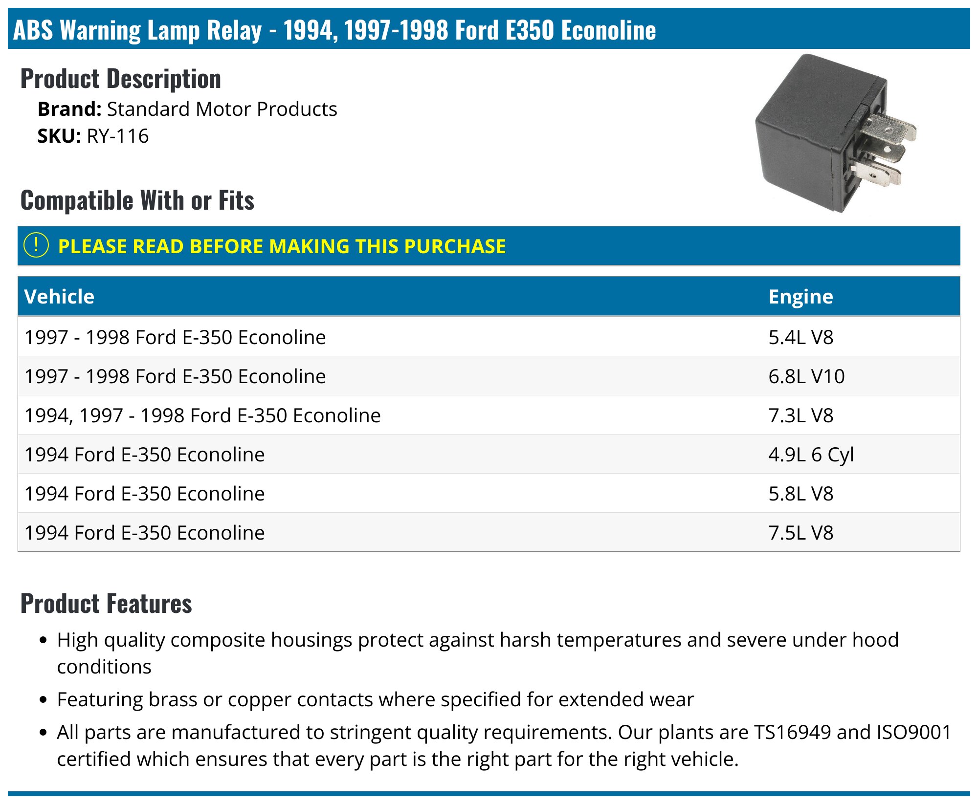 1994, 1997-1998 Ford E350 Econoline ABS Warning Lamp Relay - Standard ...