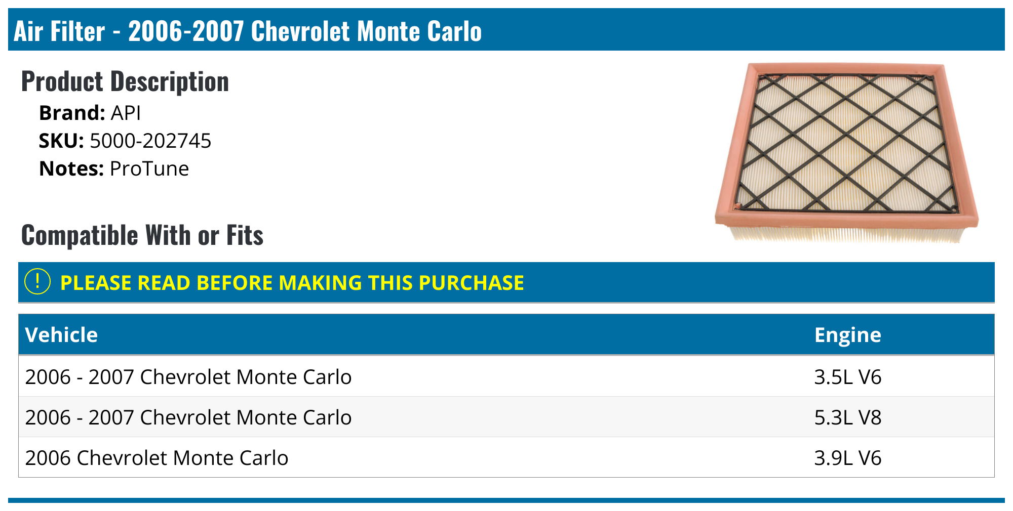 2006-2007 Chevrolet Monte Carlo Air Filter - API 18758-07749204 ...