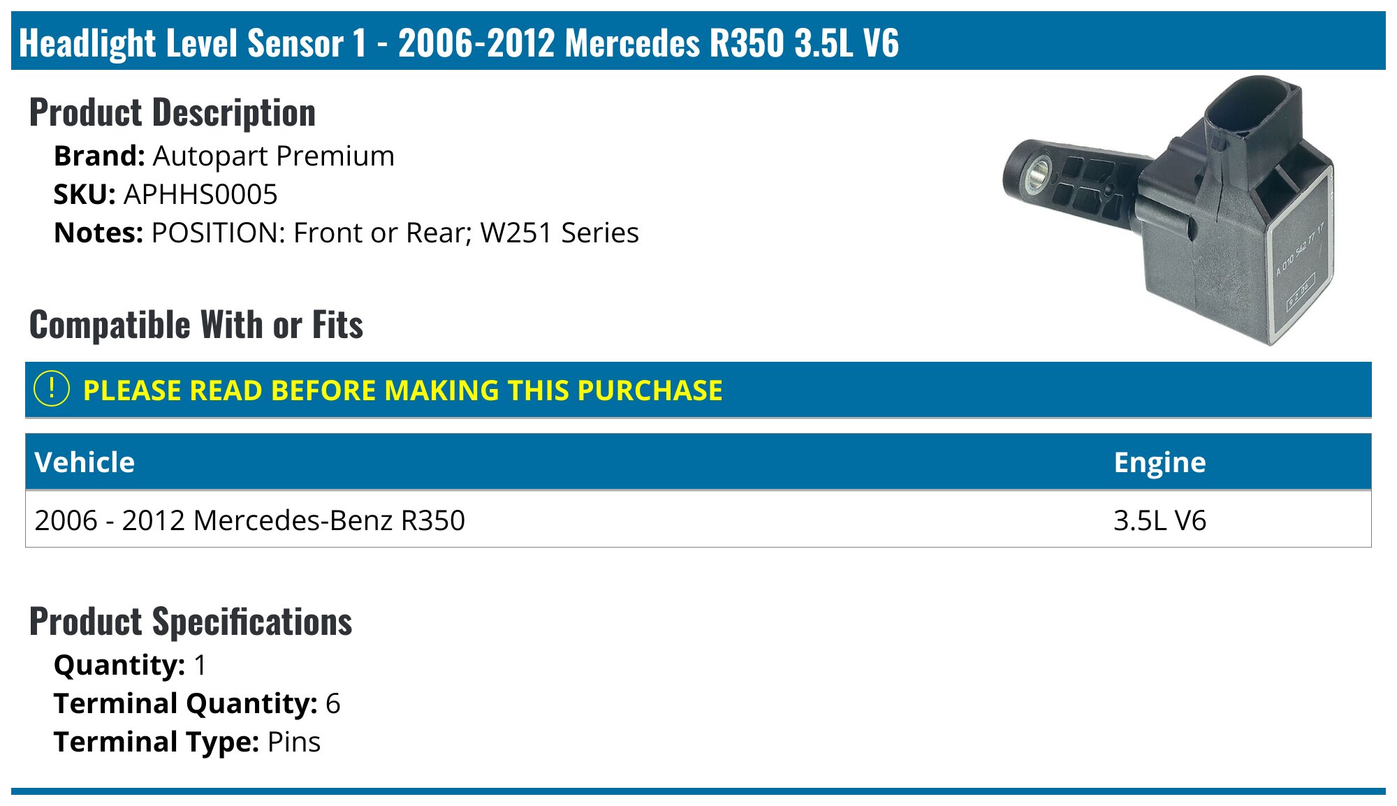 2006-2012 Mercedes R350 Headlight Level Sensor - Autopart Premium ...