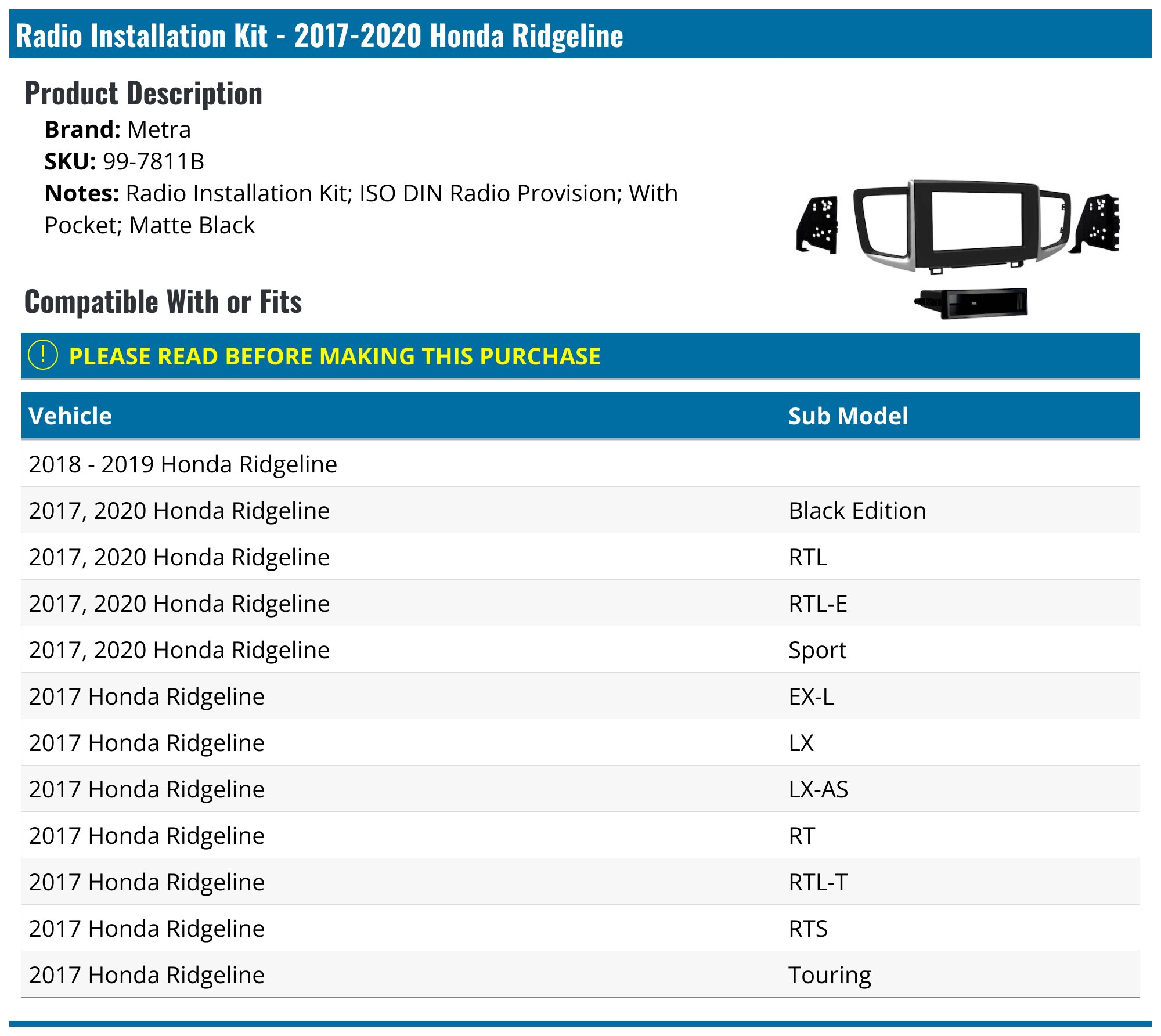 2017-2020 Honda Ridgeline Radio Installation Kit - Metra 99-7811B ...