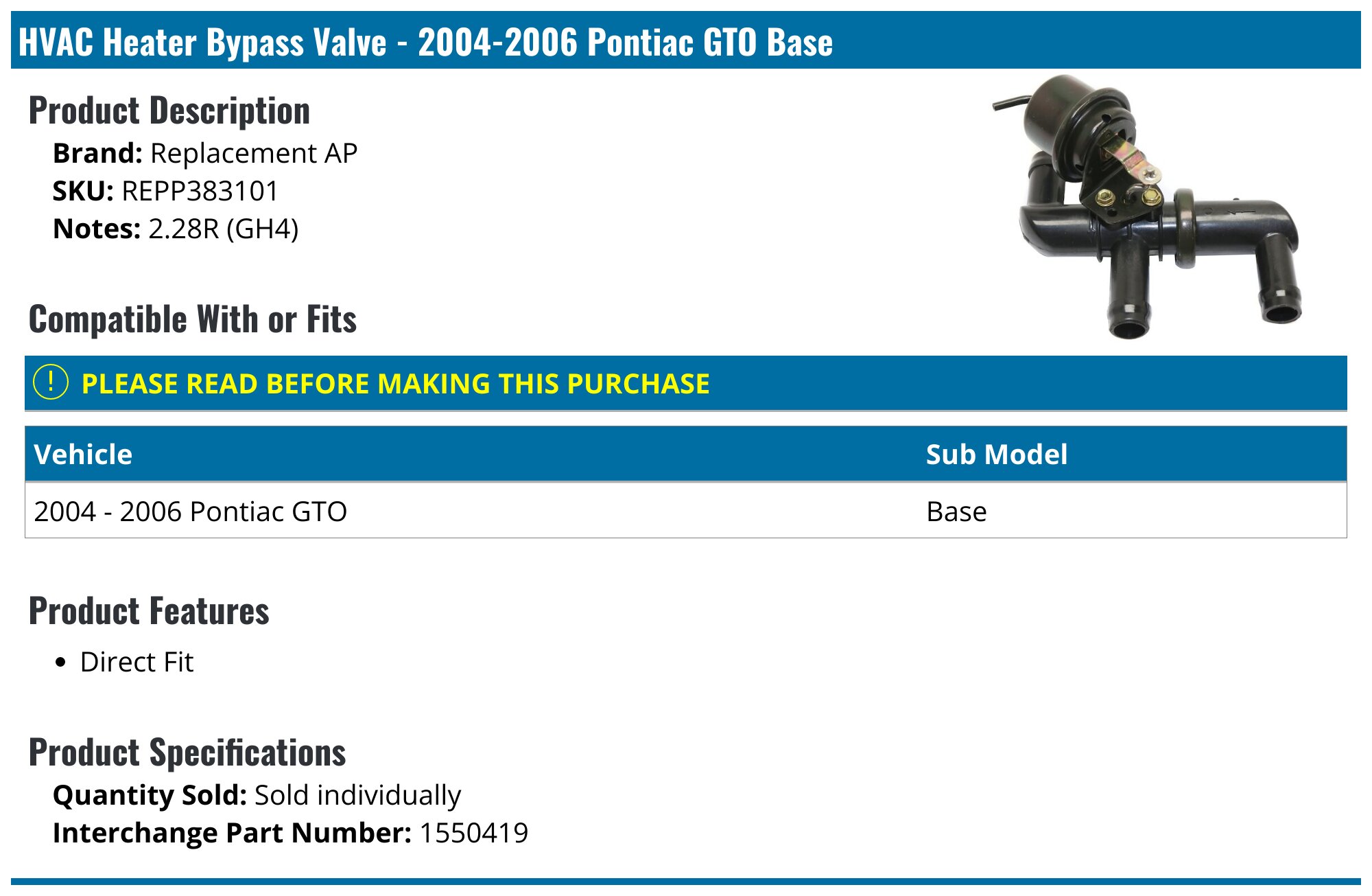 2004-2006 Pontiac GTO Heater Valve - Replacement AP REPP383101 ...