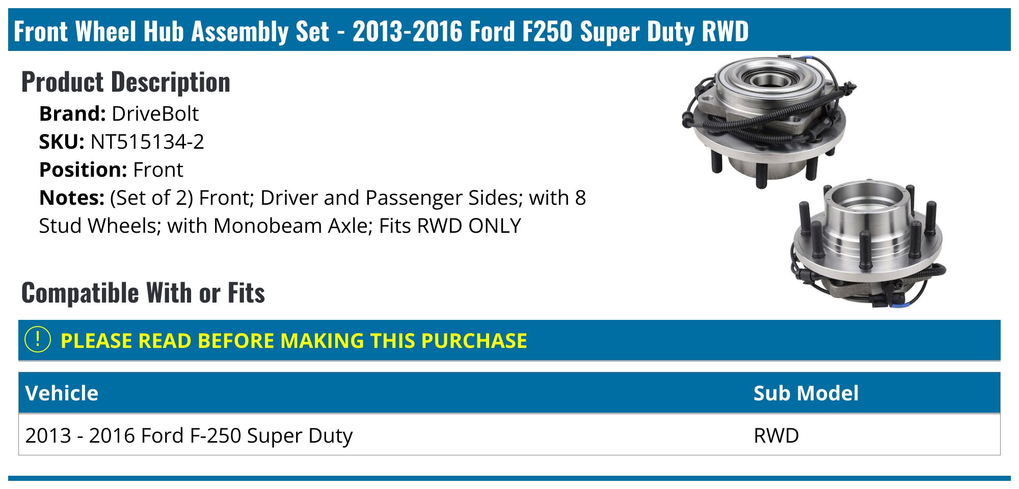 2013-2016 Ford F250 Super Duty Wheel Hub Assembly - DriveBolt NT515134 ...