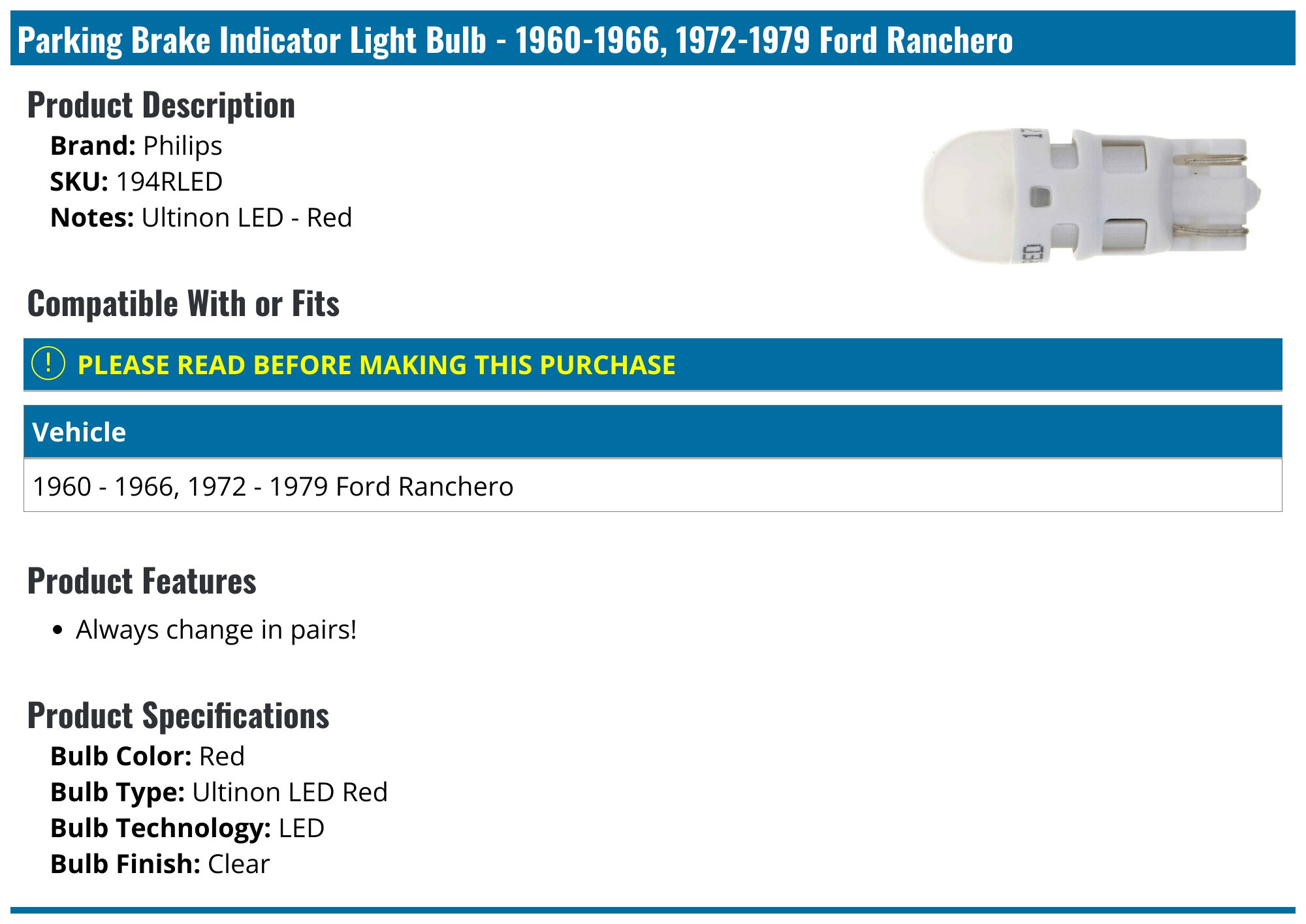 1960-1966, 1972-1979 Ford Ranchero Parking Brake Indicator Light Bulb ...