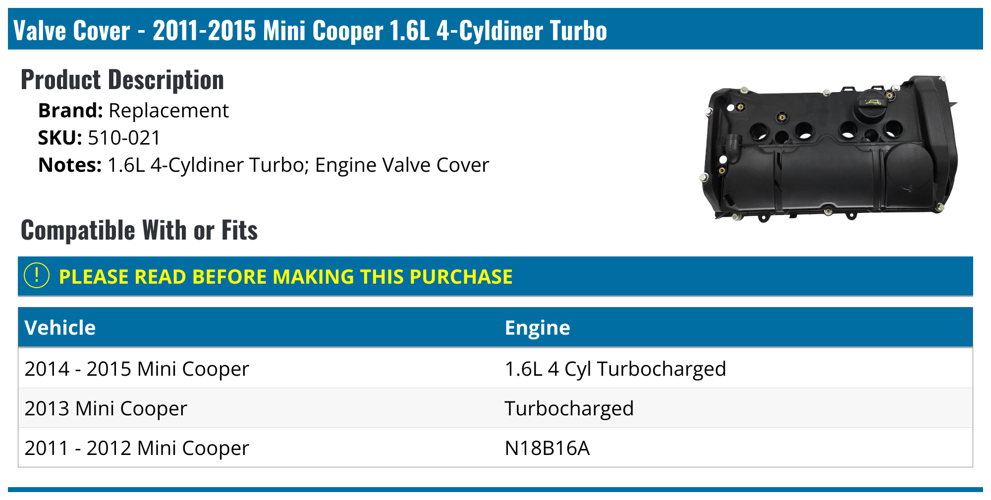 2011-2015 Mini Cooper Valve Cover - Replacement 510-021 - PartsGeek.com