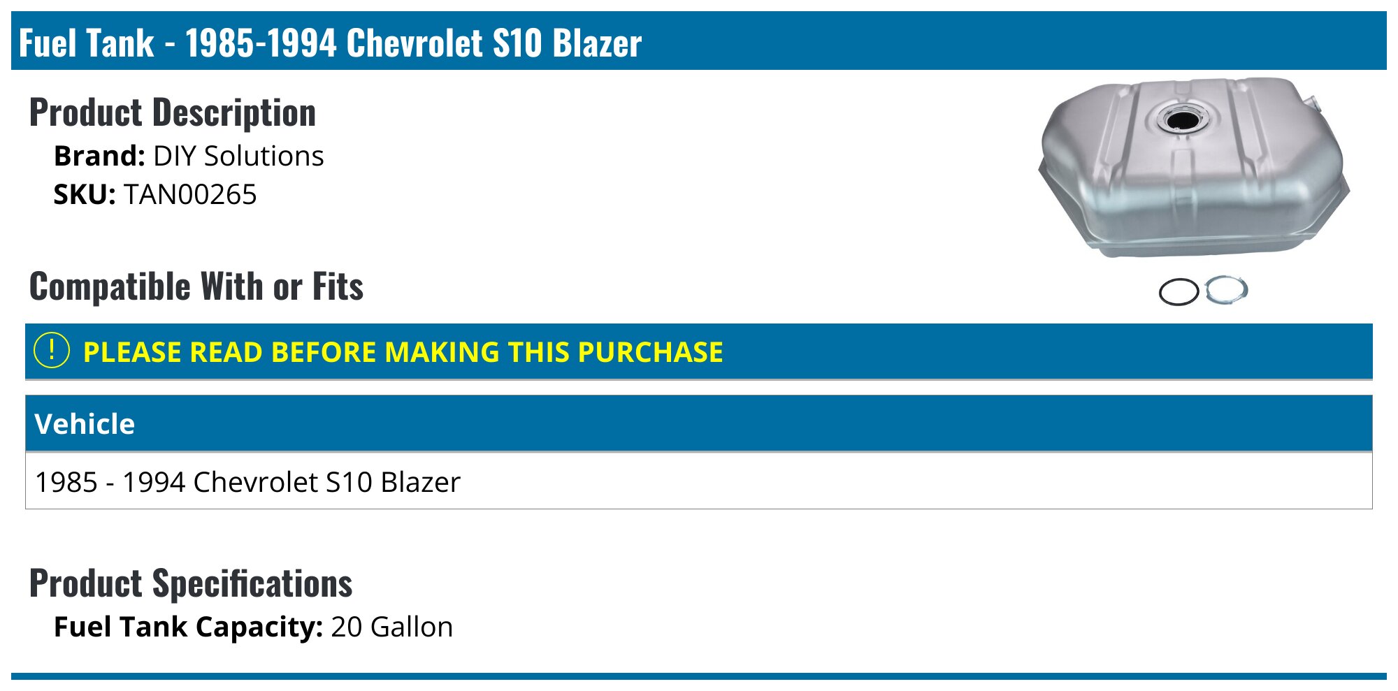 1985-1994 Chevrolet S10 Blazer Fuel Tank - DIY Solutions TAN00265 ...