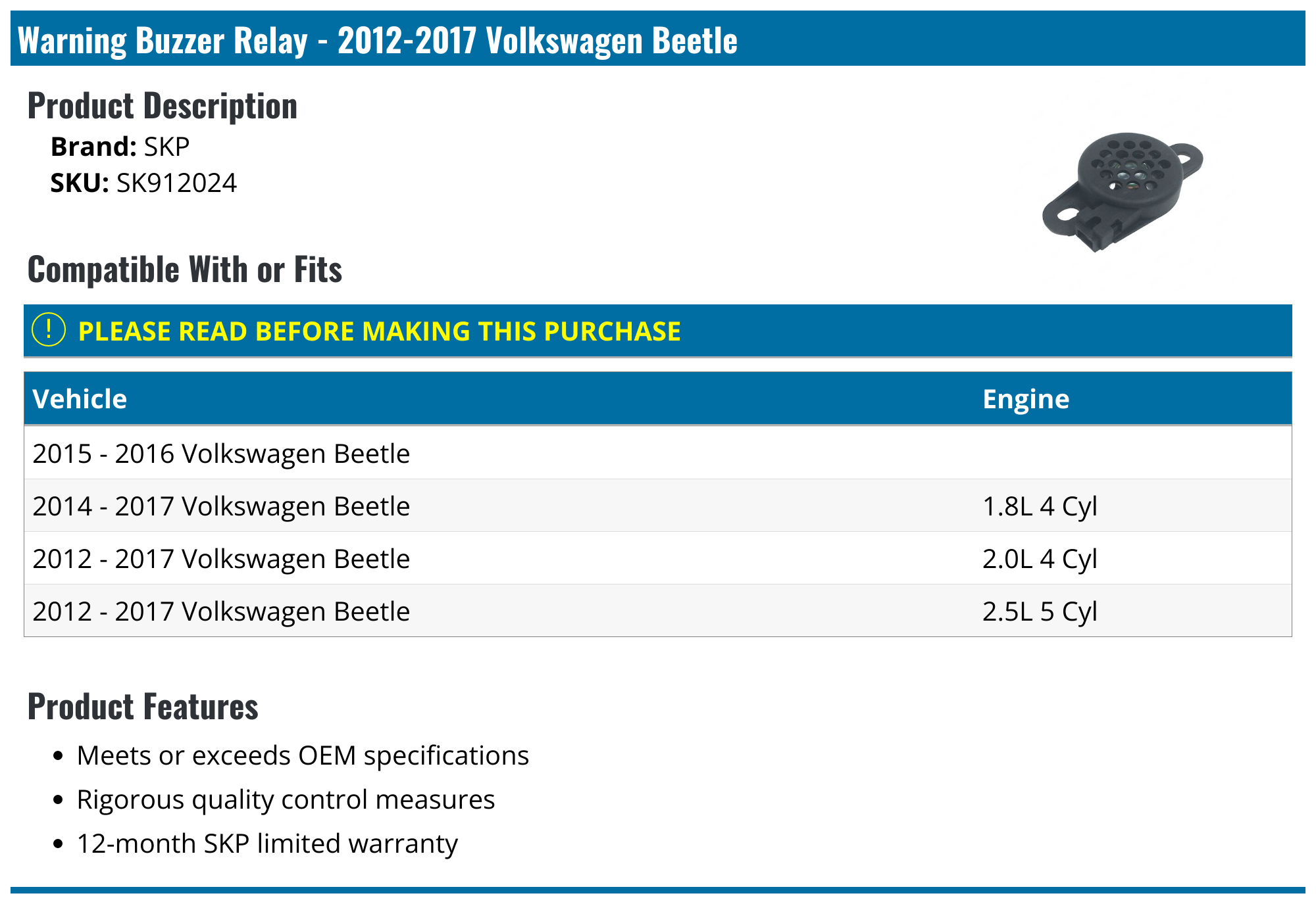 2012-2017 Volkswagen Beetle Warning Buzzer Relay - SKP SK912024 ...
