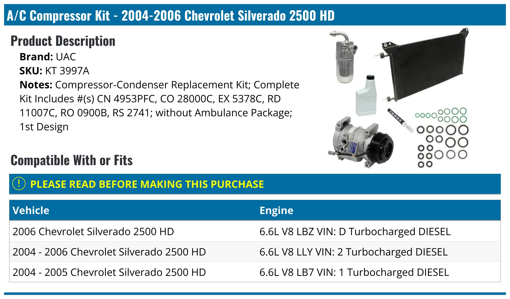 2004-2006 Chevrolet Silverado 2500 HD A/C Compressor - UAC KT 3997A ...