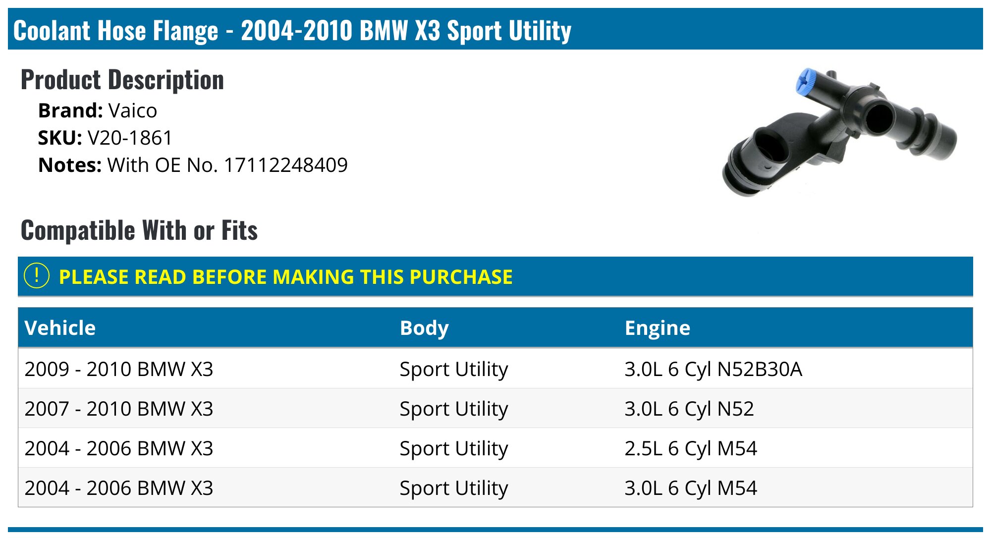 2004-2010 BMW X3 Coolant Hose Flange - Vaico V20-1861 - PartsGeek.com