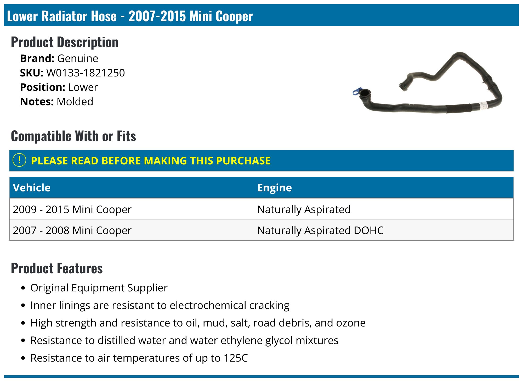 2007-2015 Mini Cooper Radiator Hose - Genuine W0133-1821250 - Lower ...