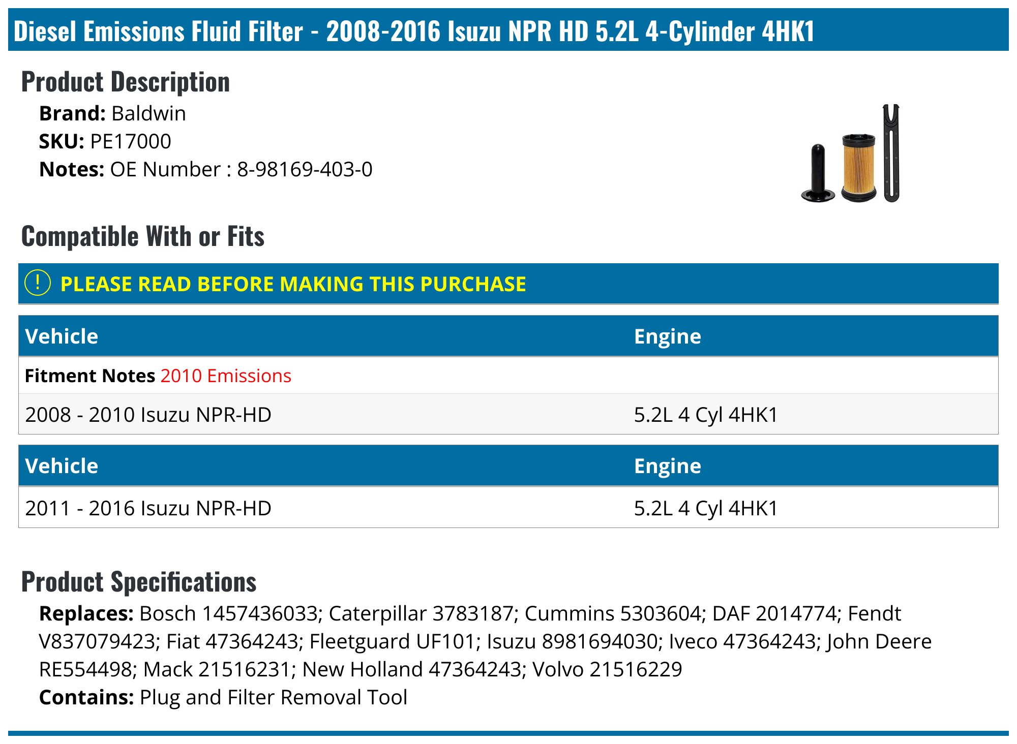 2008-2016, 2021 Isuzu NPR HD Diesel Emissions Fluid Urea Filter ...