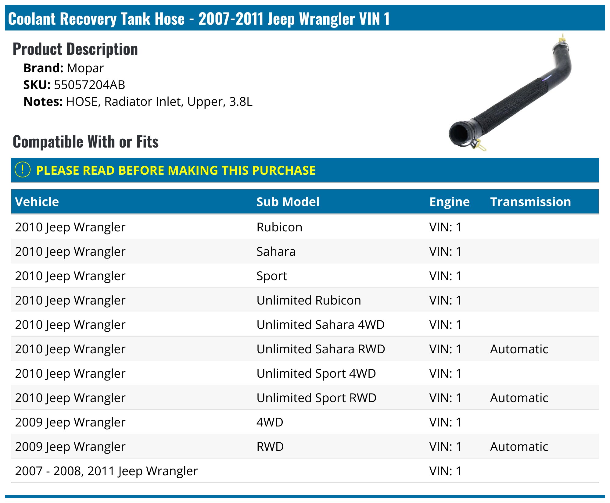 2007-2011 Jeep Wrangler Coolant Breather Pipe - Mopar 55057204AB ...