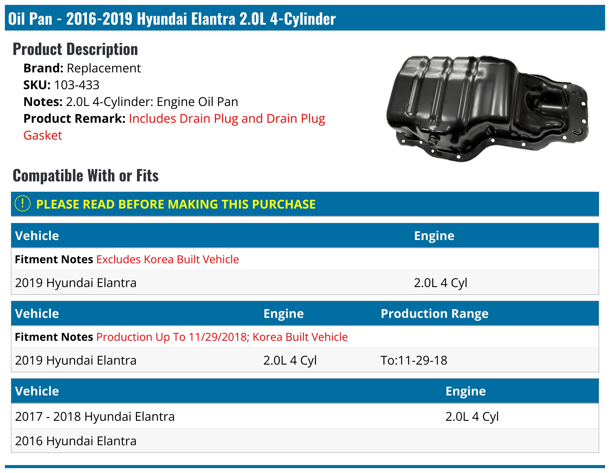 2019 Hyundai Elantra Oil Capacity