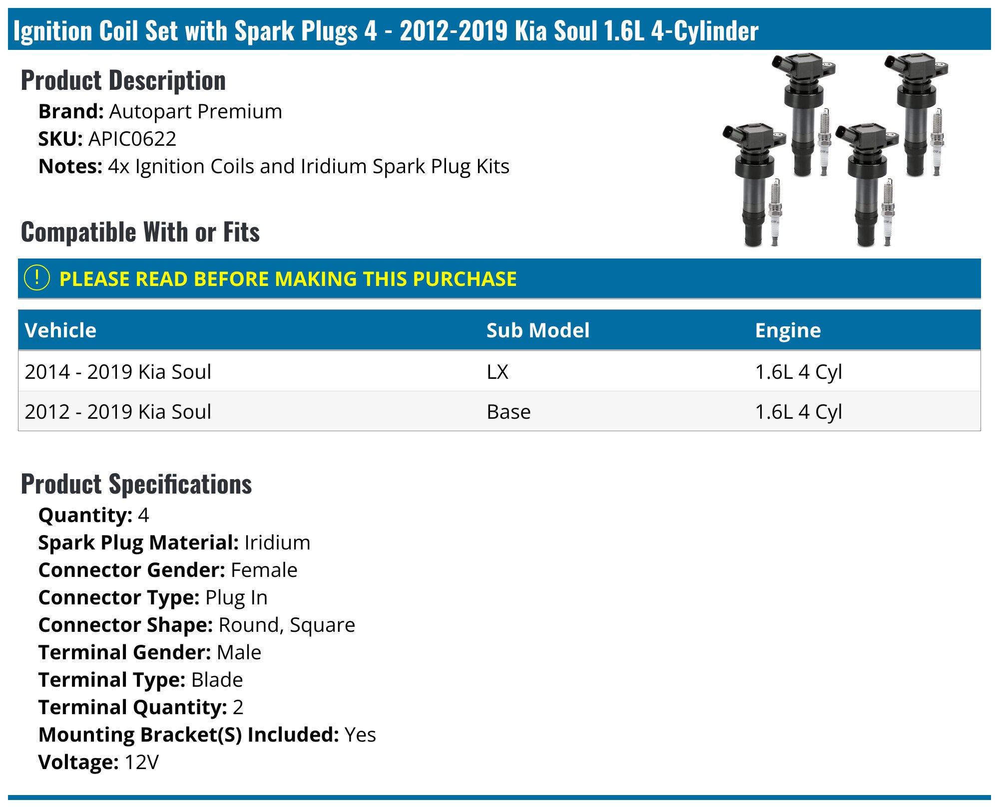 2012-2019 Kia Soul Ignition Coil - Autopart Premium APIC0622 ...