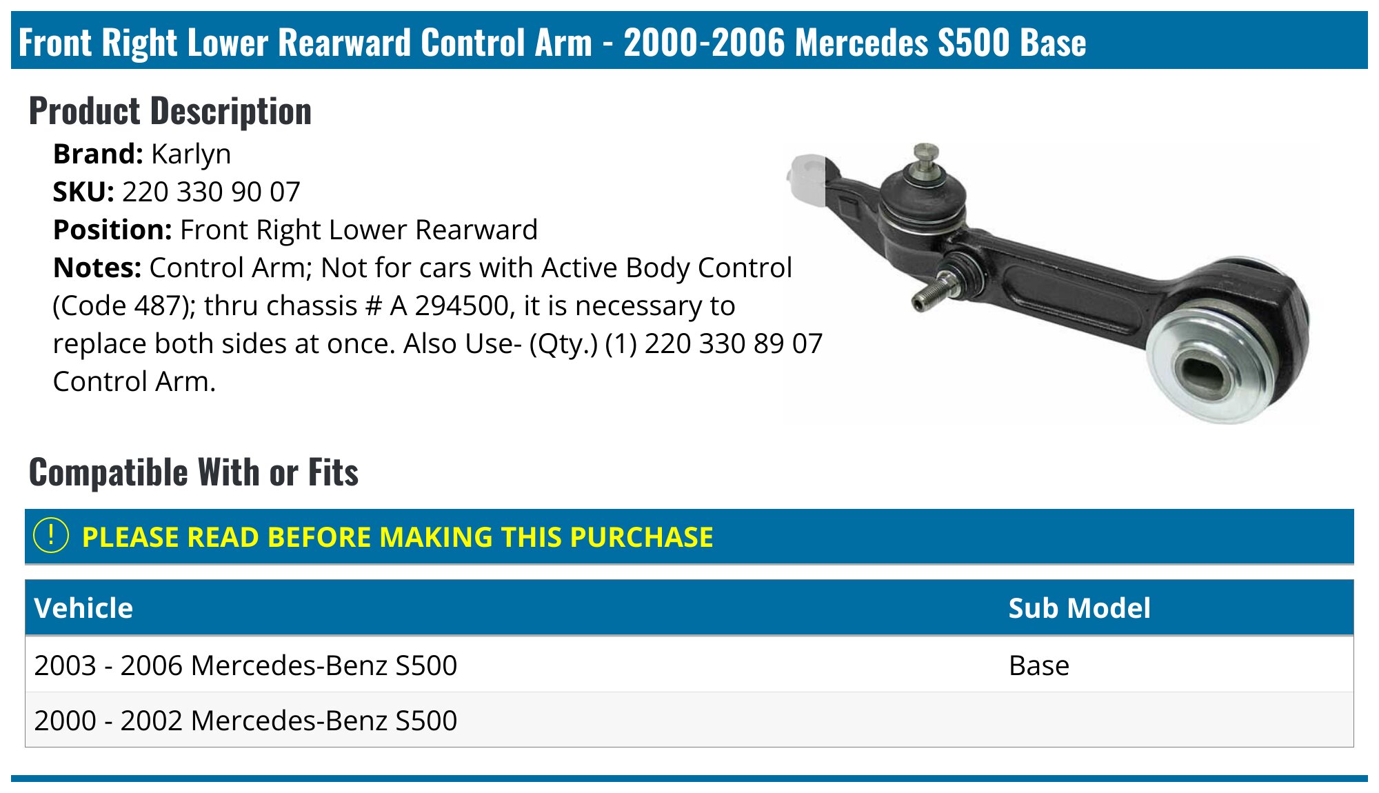 2000-2006 Mercedes S500 Control Arm - Karlyn 220 330 90 07 - Front ...