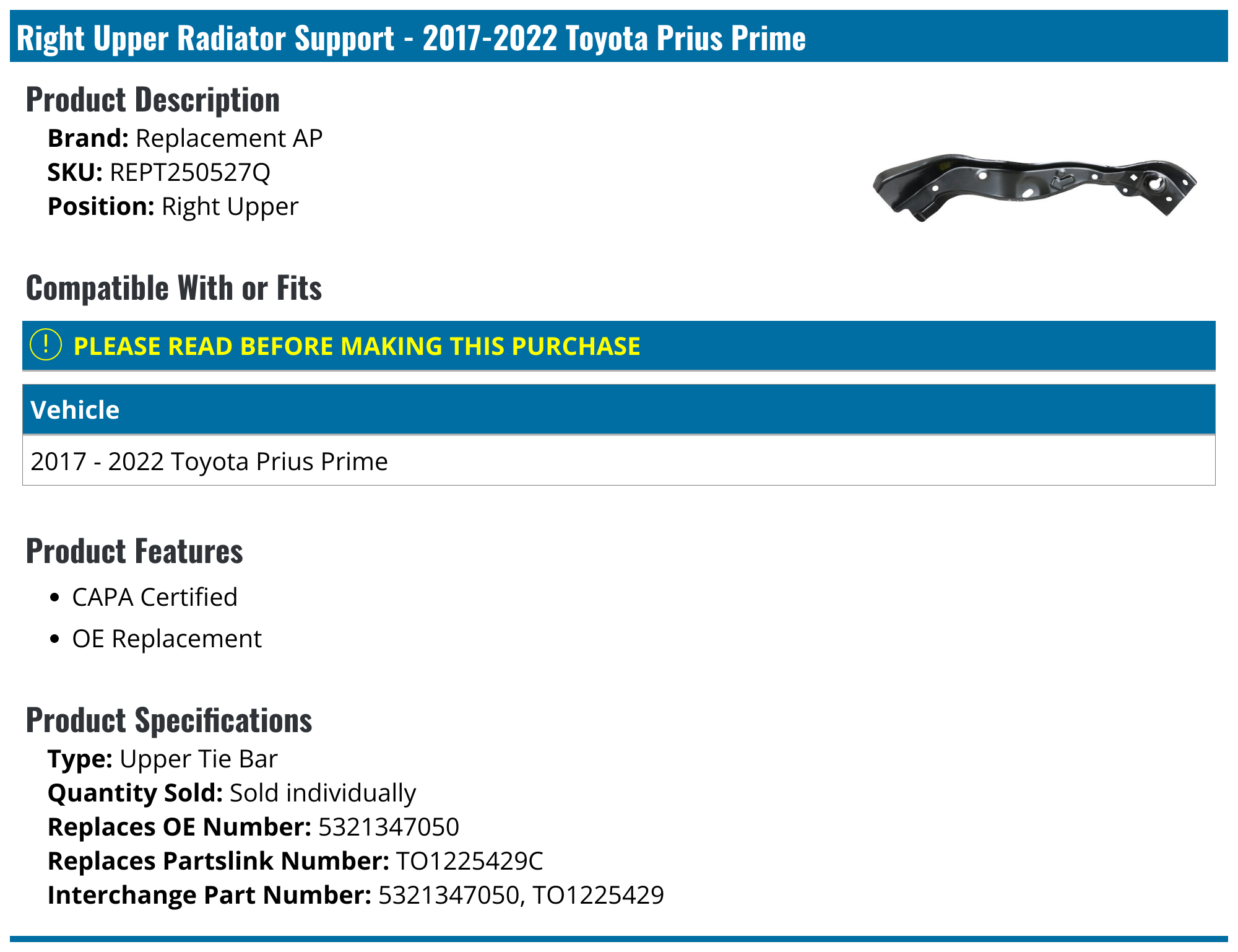 2017-2022 Toyota Prius Prime Radiator Support - Replacement AP ...