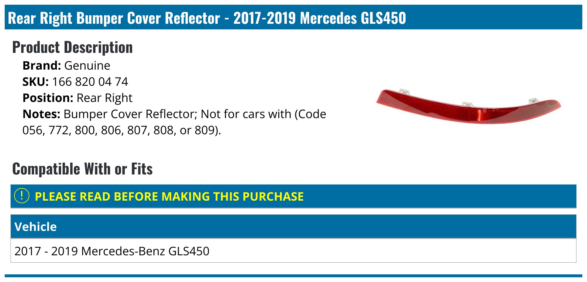 2017-2019 Mercedes GLS450 Bumper Cover Reflector - Genuine 166 820 04 ...