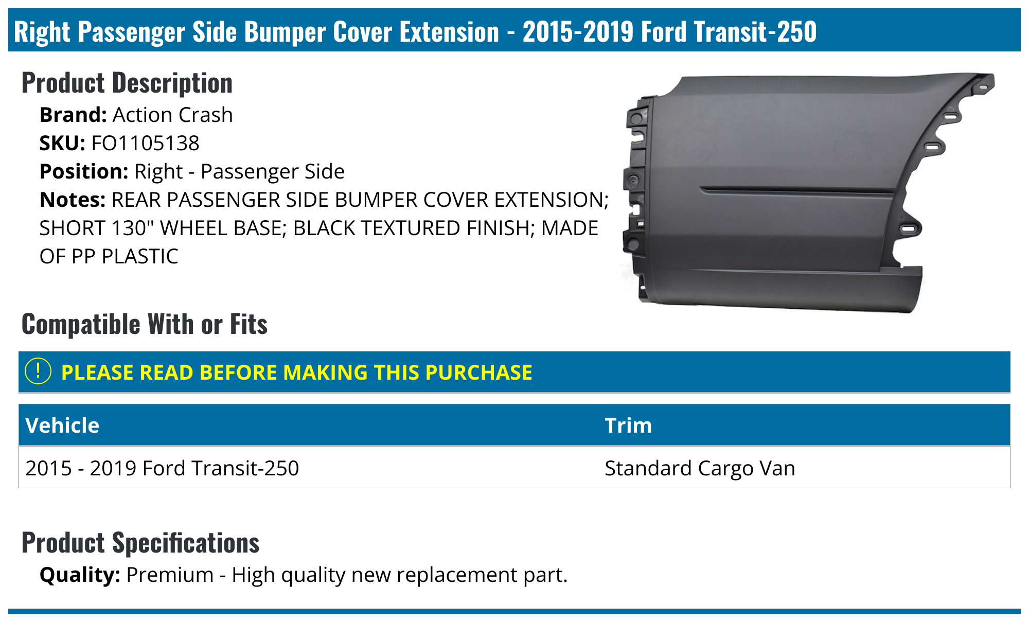 2015-2019 Ford Transit-250 Bumper Cover Extension - Action Crash ...