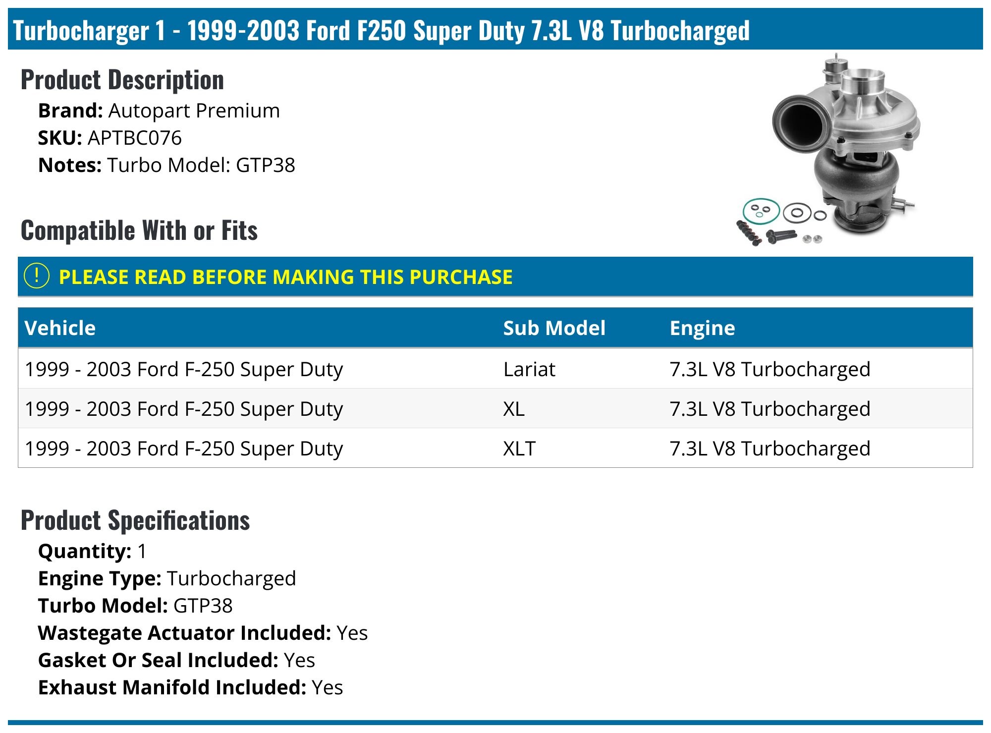 1999-2003 Ford F250 Super Duty Turbocharger - Autopart Premium APTBC076 ...