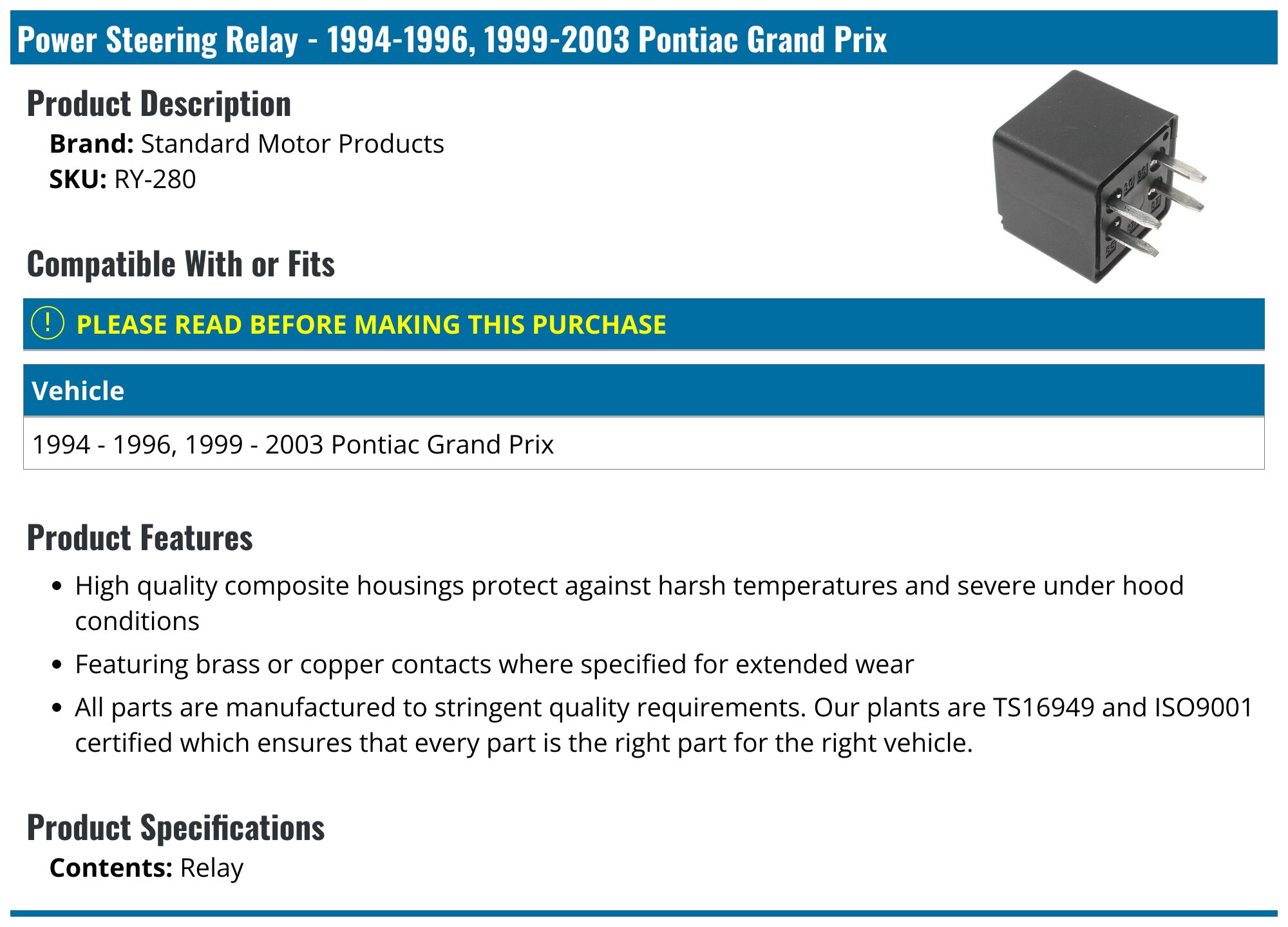 1994-1996, 1999-2003 Pontiac Grand Prix Power Steering Relay - Standard ...
