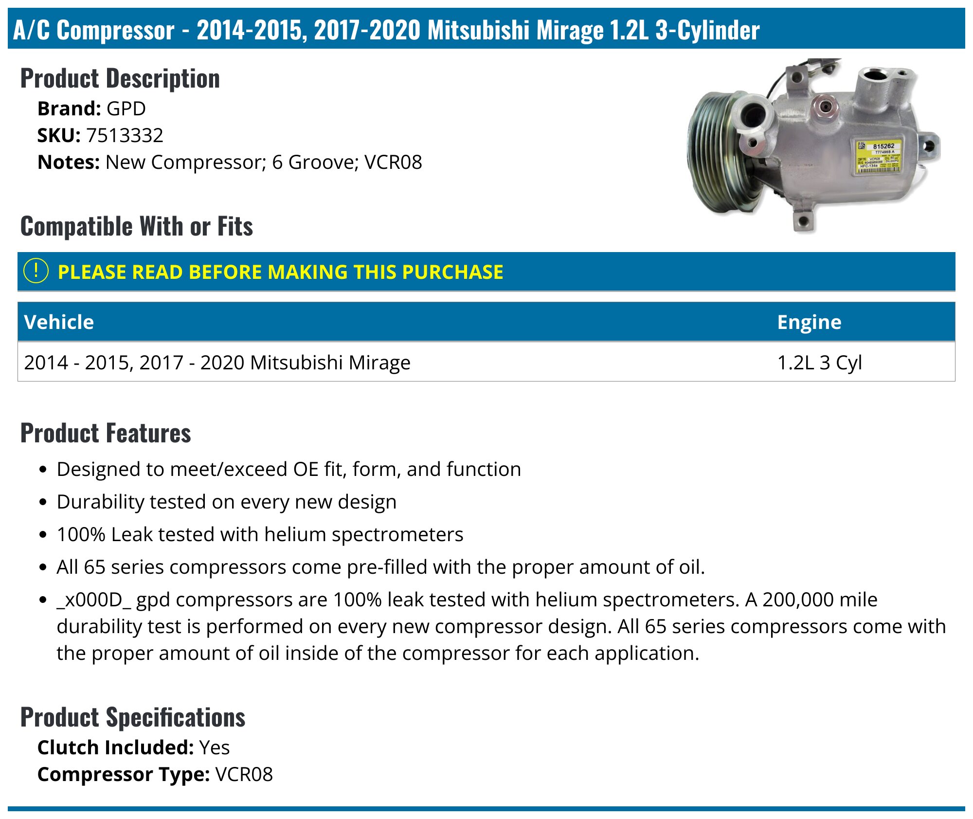 2014-2015, 2017-2020 Mitsubishi Mirage A/C Compressor - GPD 7513332 ...