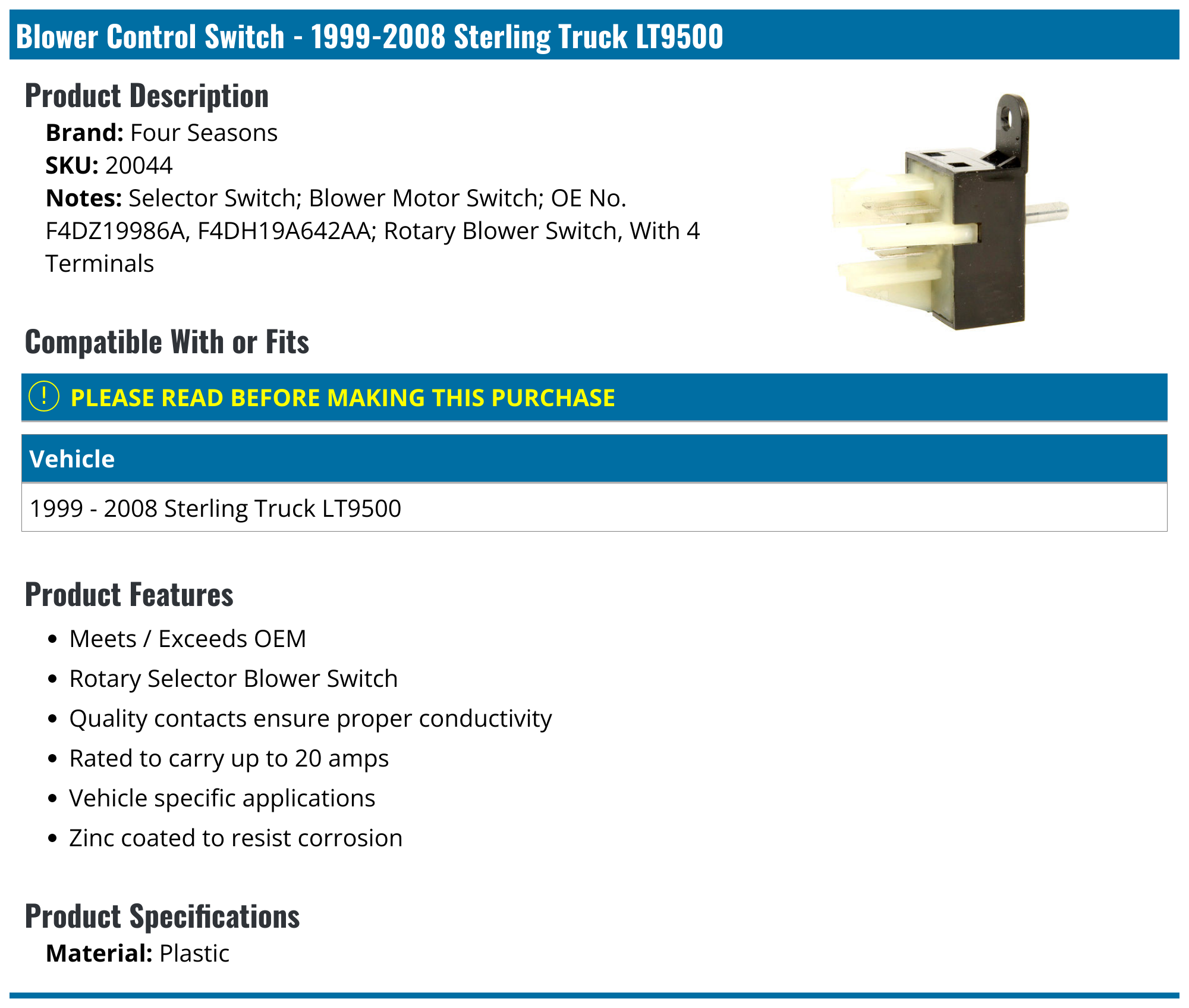 1999-2008 Sterling Truck LT9500 Blower Motor Resistor - Four Seasons ...