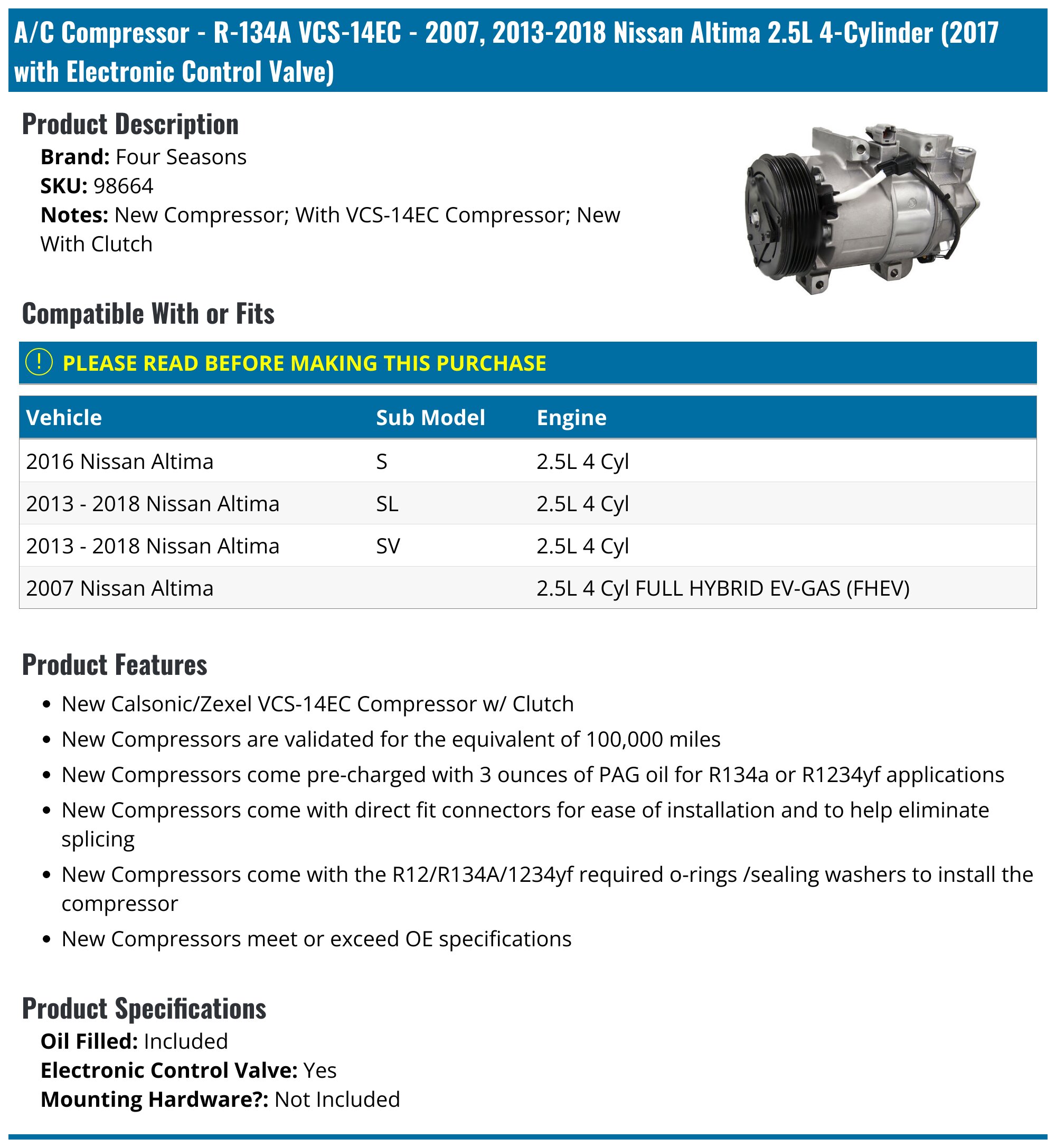 2007, 2013-2018 Nissan Altima A/C Compressor - Four Seasons 98664 ...