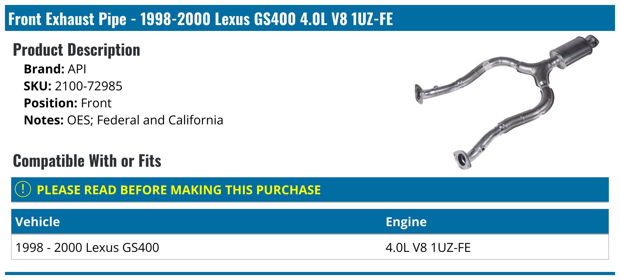 1998-2000 Lexus GS400 Exhaust Pipe - API 7539-07797524 - Front ...