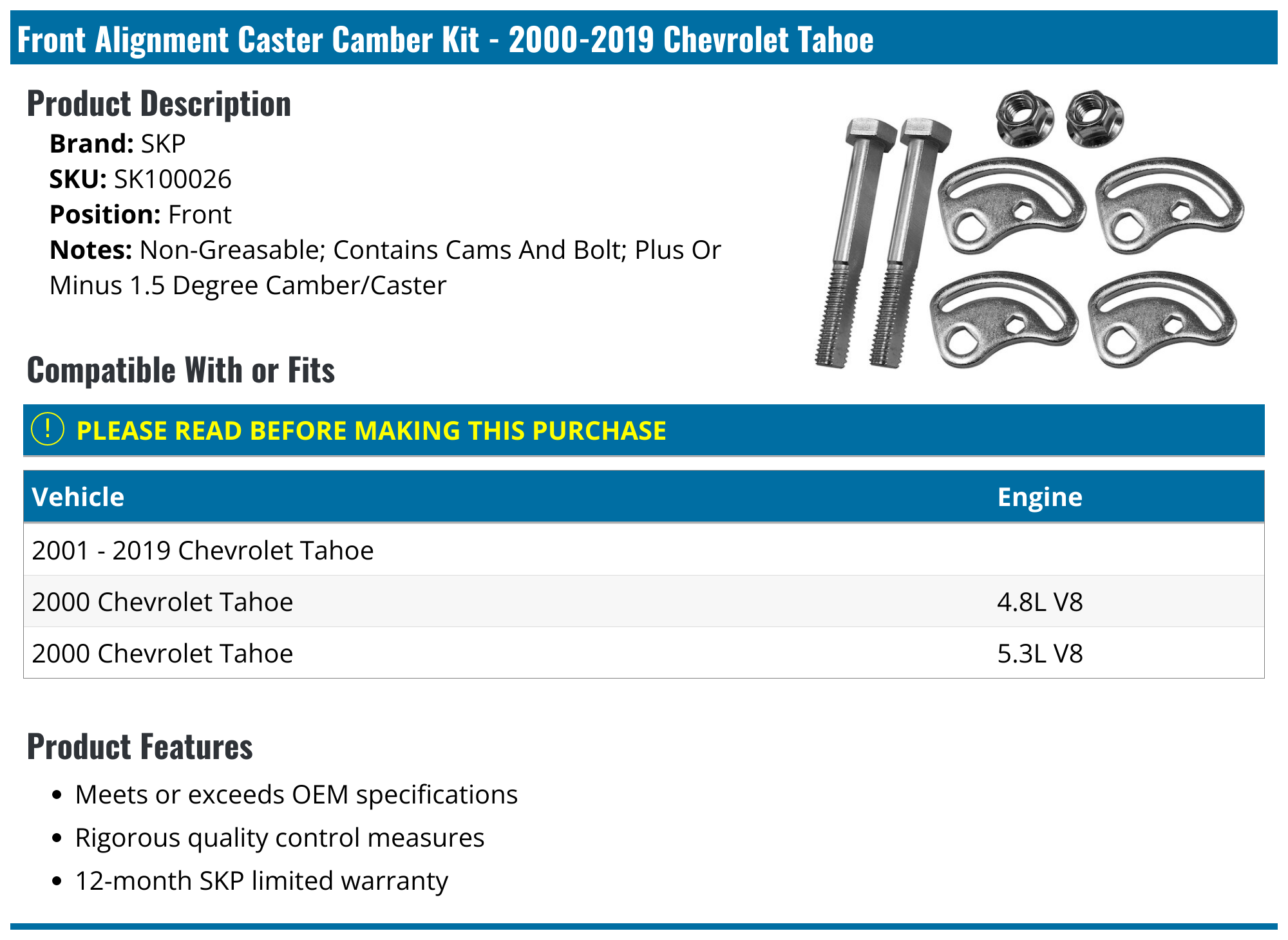 2000-2020 Chevrolet Tahoe Alignment Caster Camber Kit - SKP SK100026 ...
