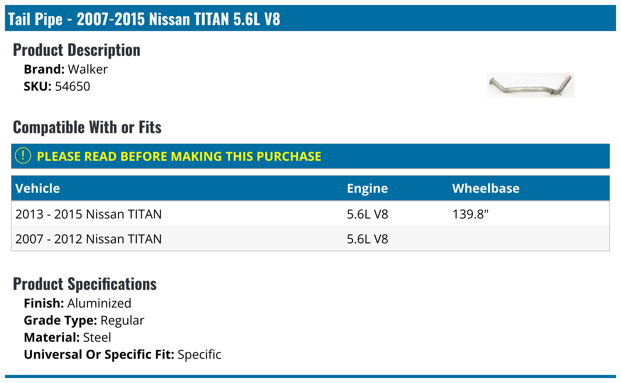 2007-2015 Nissan Titan Tail Pipe - Walker 54650 - PartsGeek.com