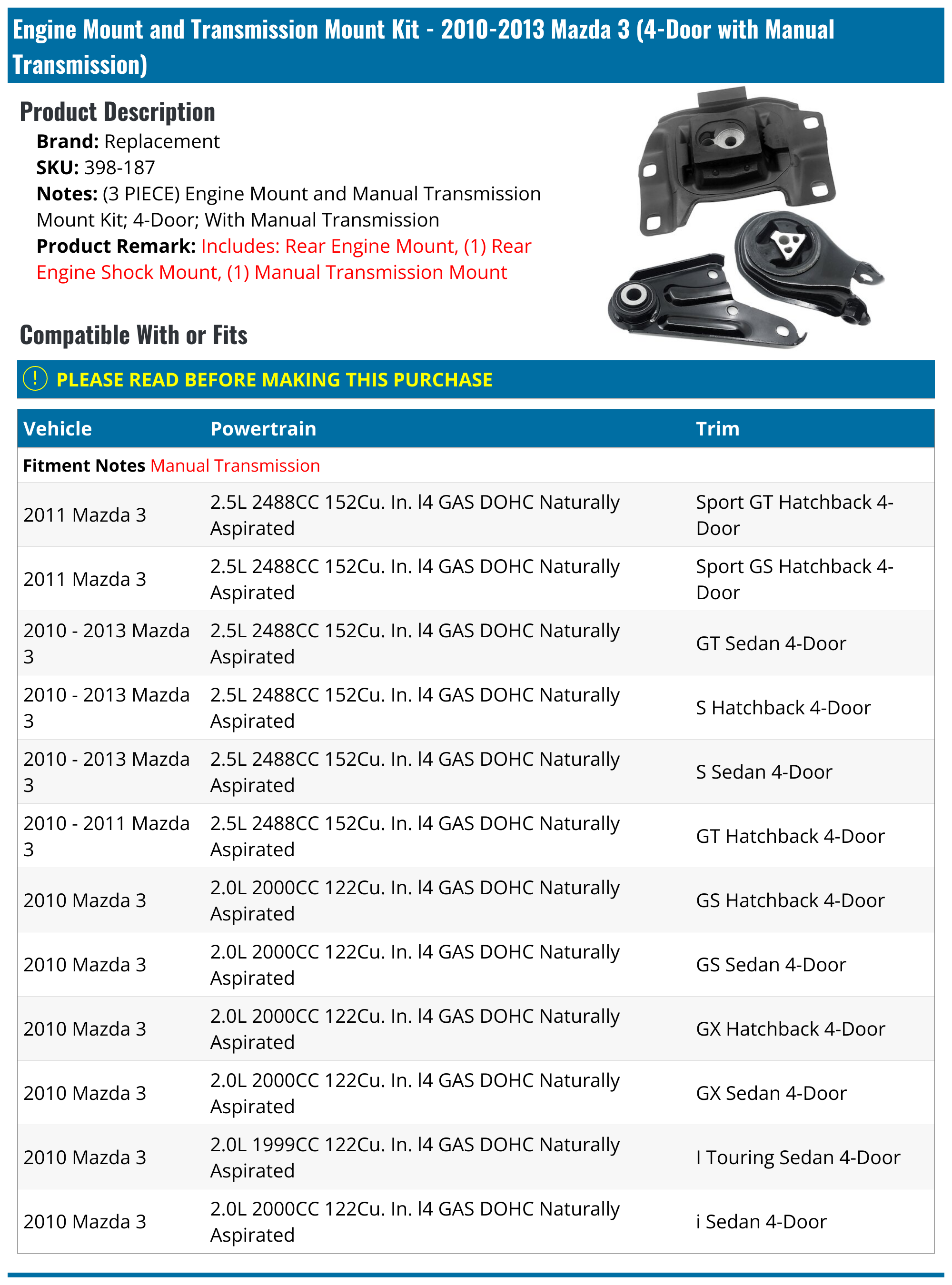 2010-2013 Mazda 3 Engine Mount - Replacement 398-187 - PartsGeek.com